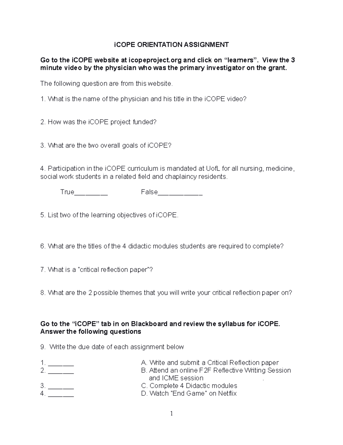 I COPE Orientation Assignment(1) - iCOPE ORIENTATION ASSIGNMENT Go to ...