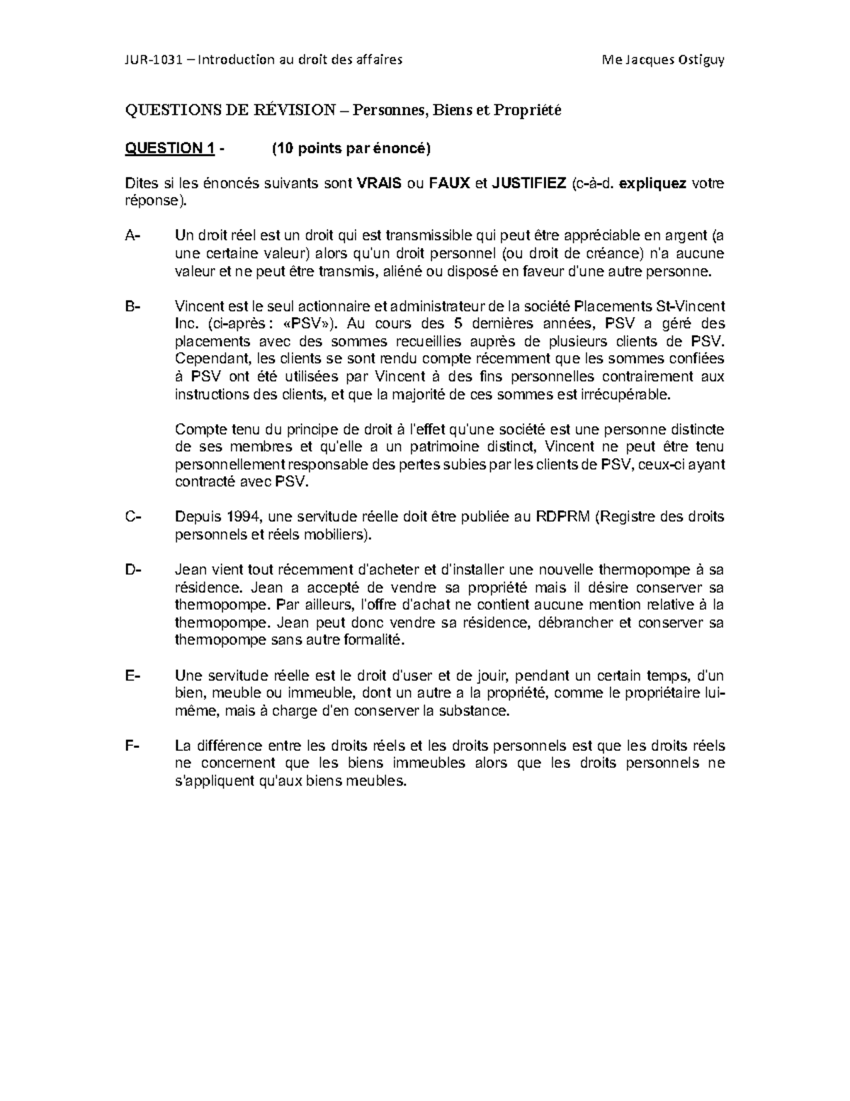 Biens et prop-Questions de revision (V-F) - JUR- 1031 – Introduction au ...