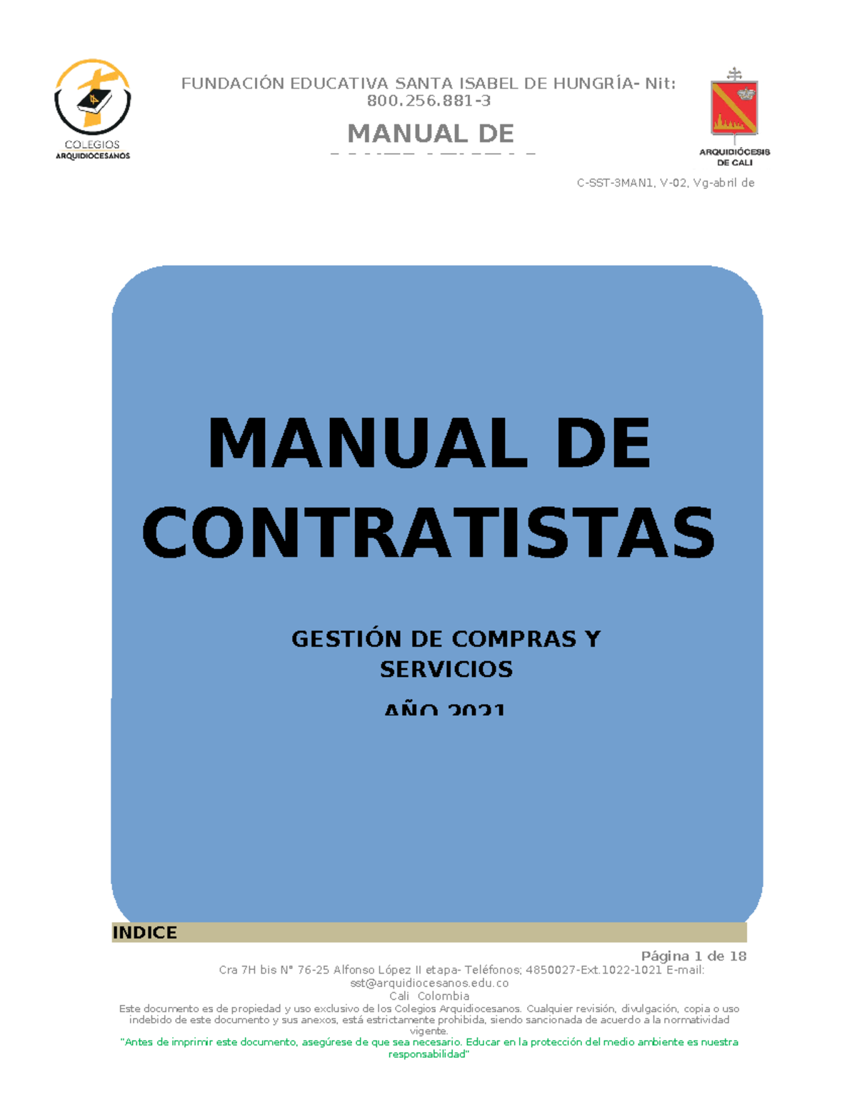 C-SST-3MAN1 Manual Contratistas-SIH - 800.256- MANUAL DE CONTRATISTAS C-SST-3MAN1, V-02, Vg ...