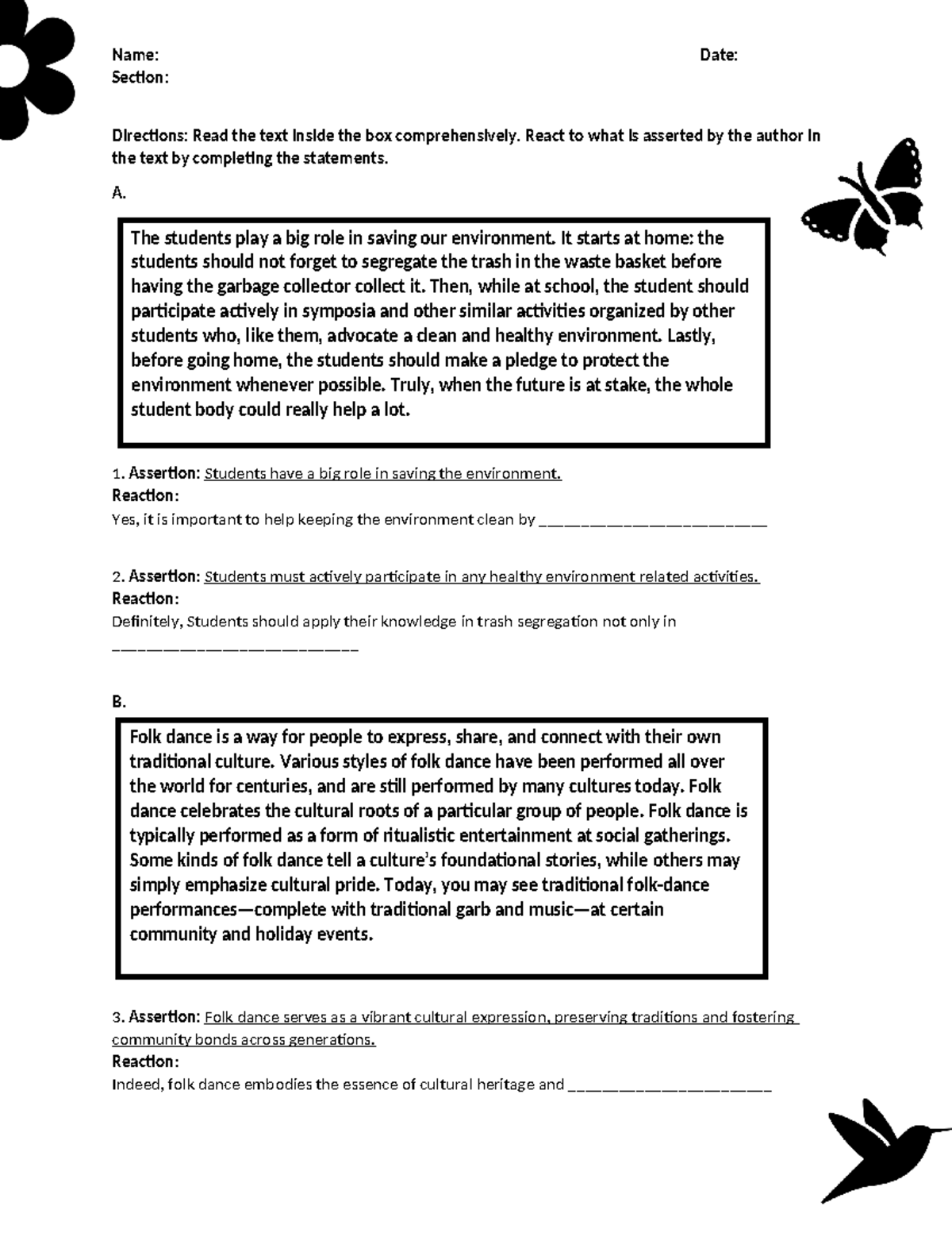 Quiz Test & LT - Name: Date: Section: Directions: Read the text inside ...