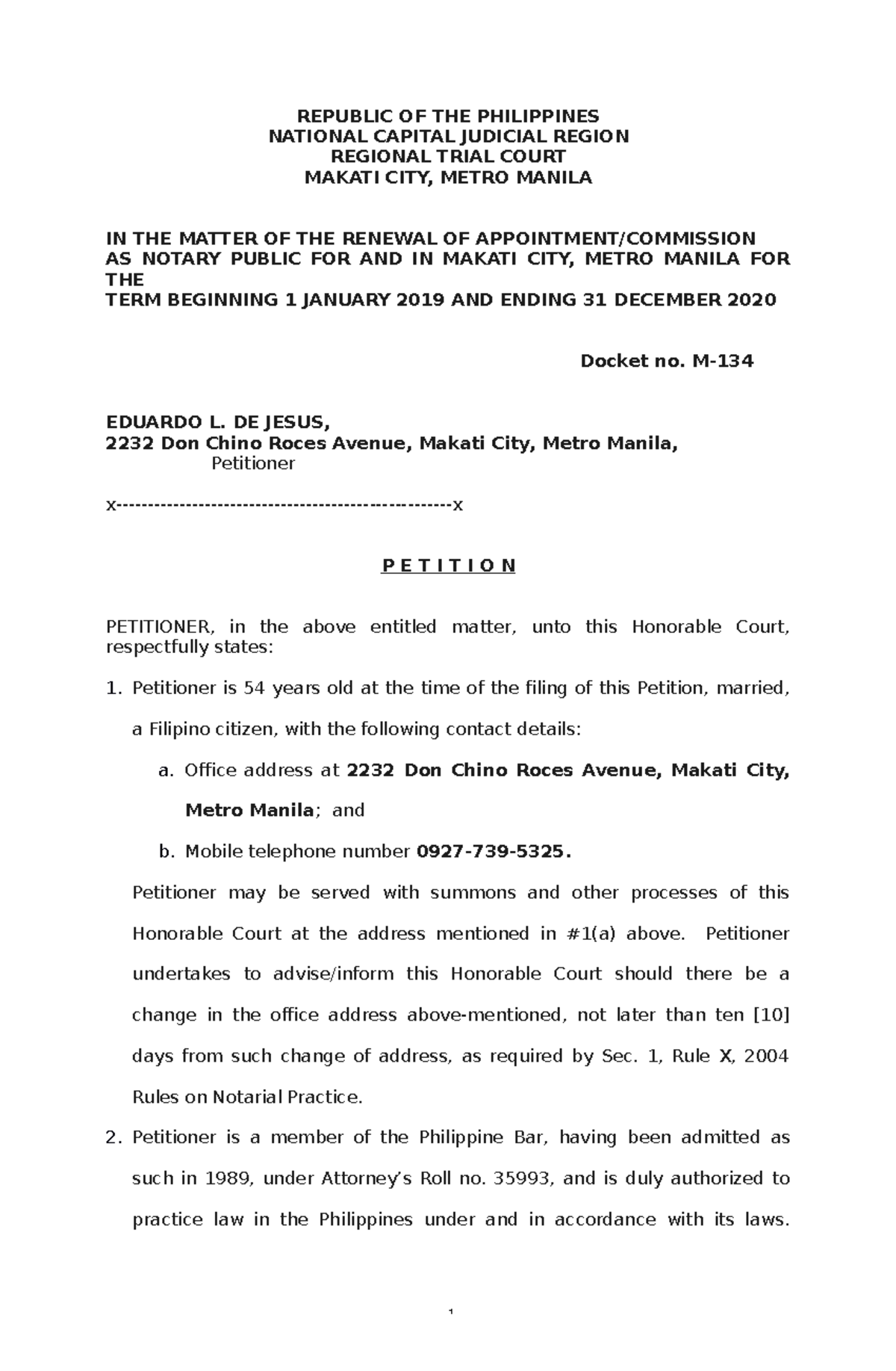 Renewal Notarial Commission Makati - REPUBLIC OF THE PHILIPPINES ...