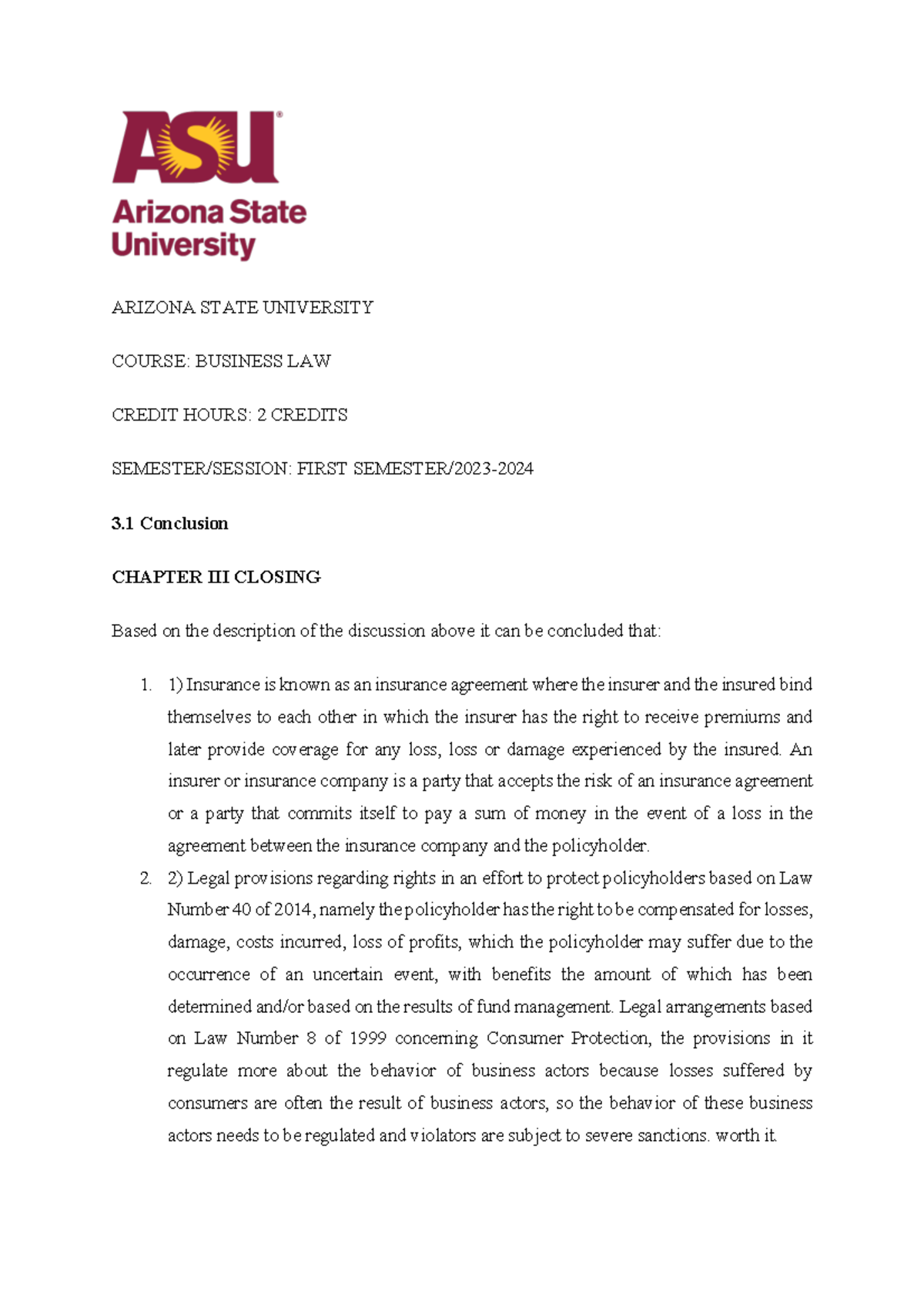 Business Law and Ethics for Managers-conclusion - ARIZONA STATE ...