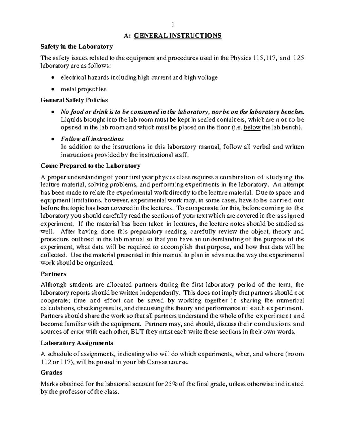 Phys 115 Spring Intro Lab Manual - i A: GENERAL INSTRUCTIONS Safety in ...