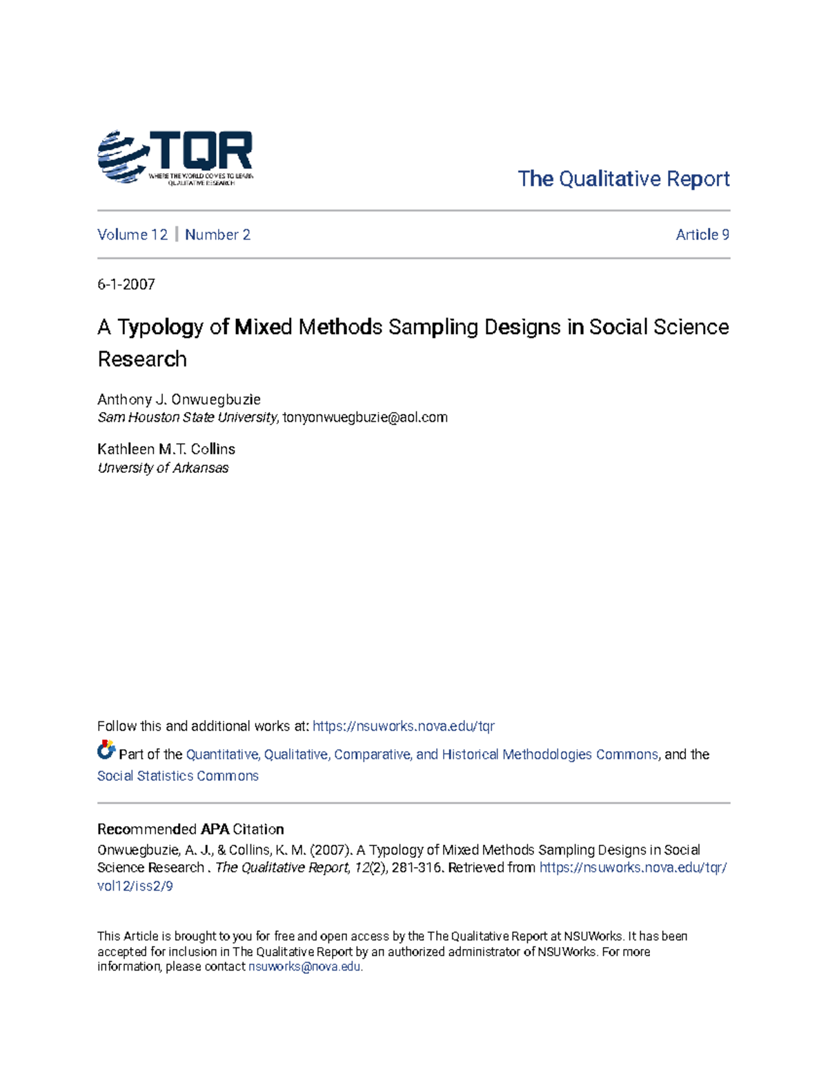 A Typology of Mixed Methods Sampling Designs in Social Science Re ...