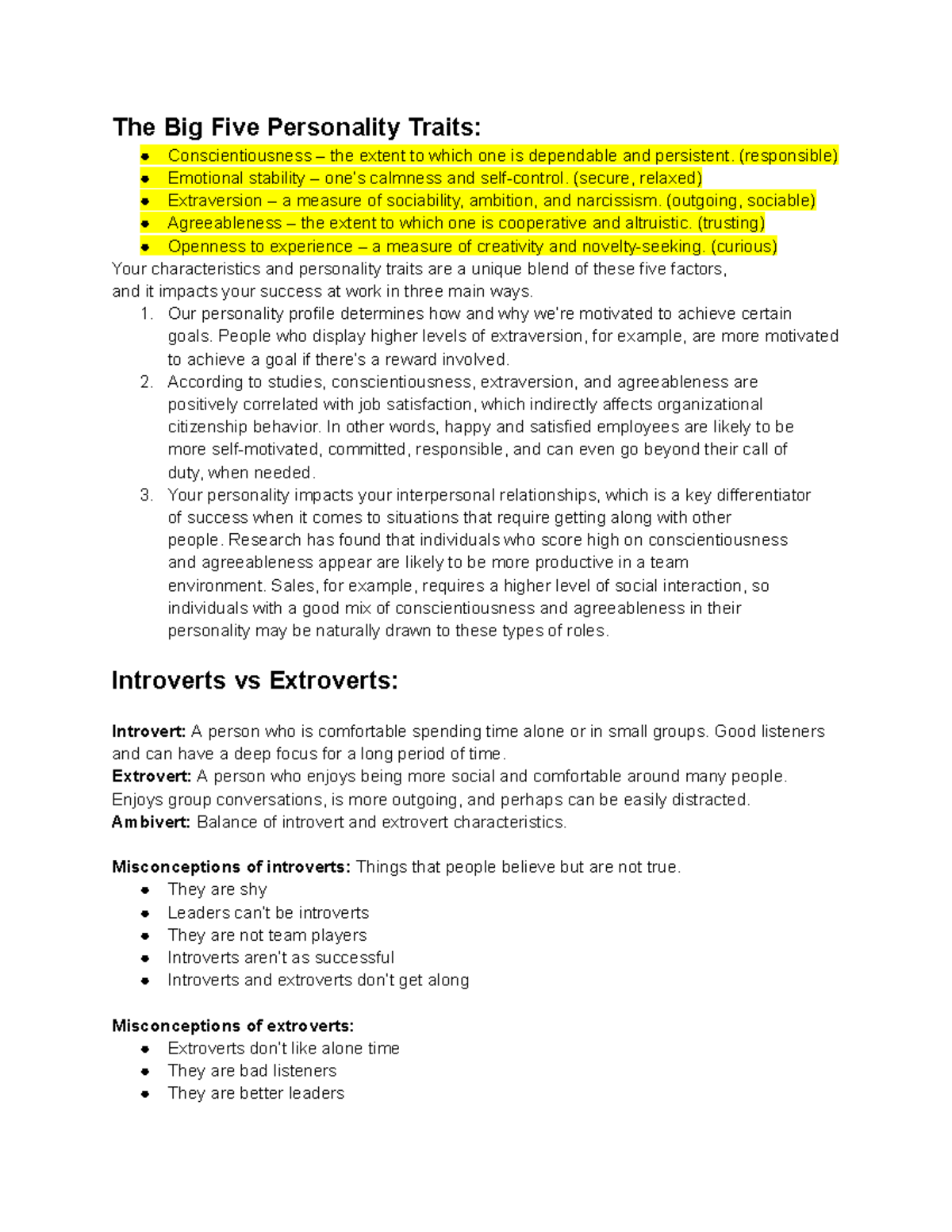 Study Guide - Unit 1 - The Big Five Personality Traits ...