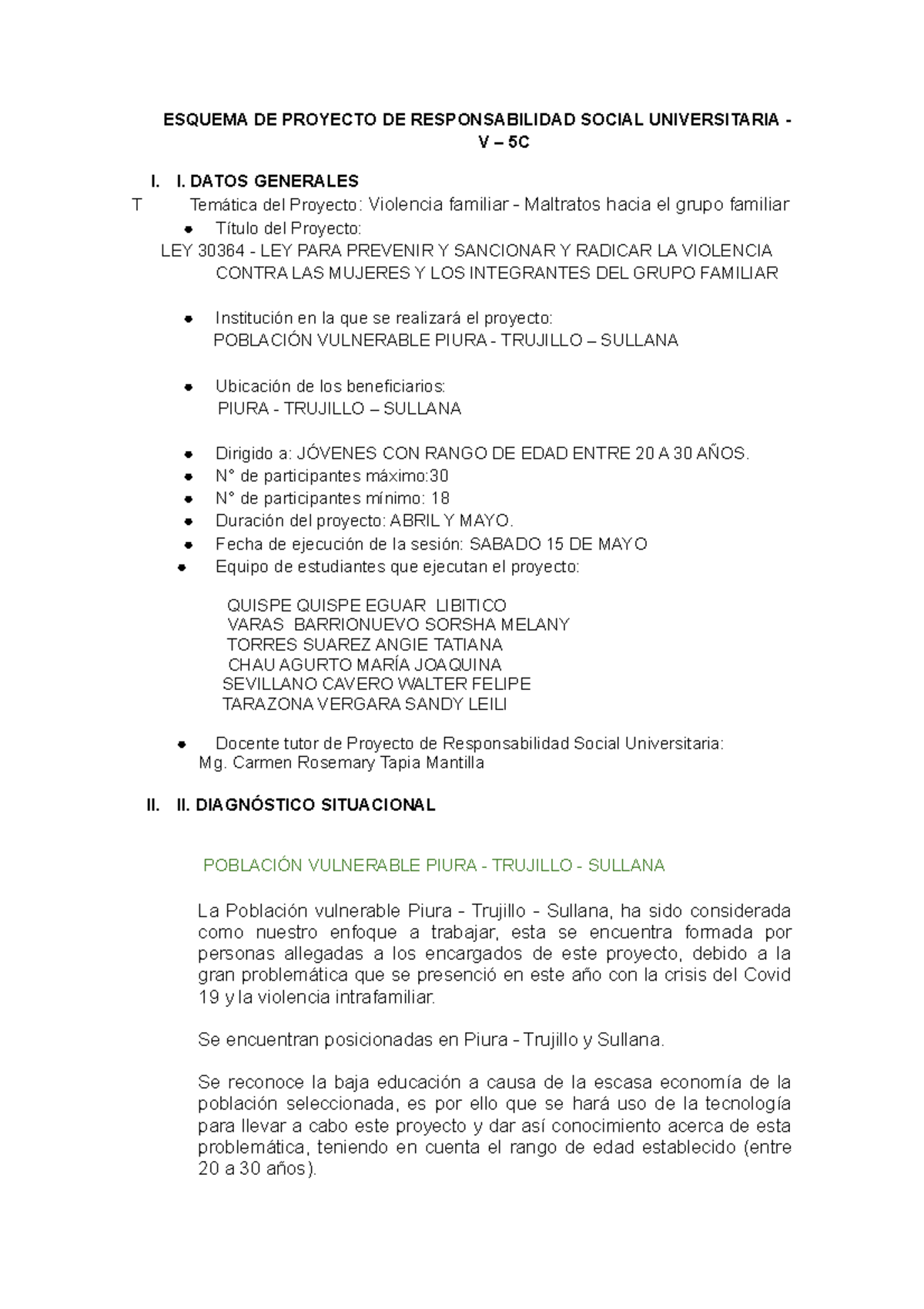 Proyecto DE RSU.V-5C Grupo 9 - ESQUEMA DE PROYECTO DE RESPONSABILIDAD SOCIAL UNIVERSITARIA - V ...