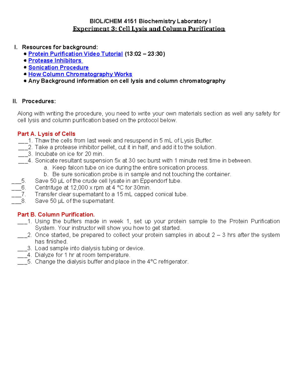 6 - Cell Lysis and purification - BIOL/CHEM 4151 Biochemistry ...
