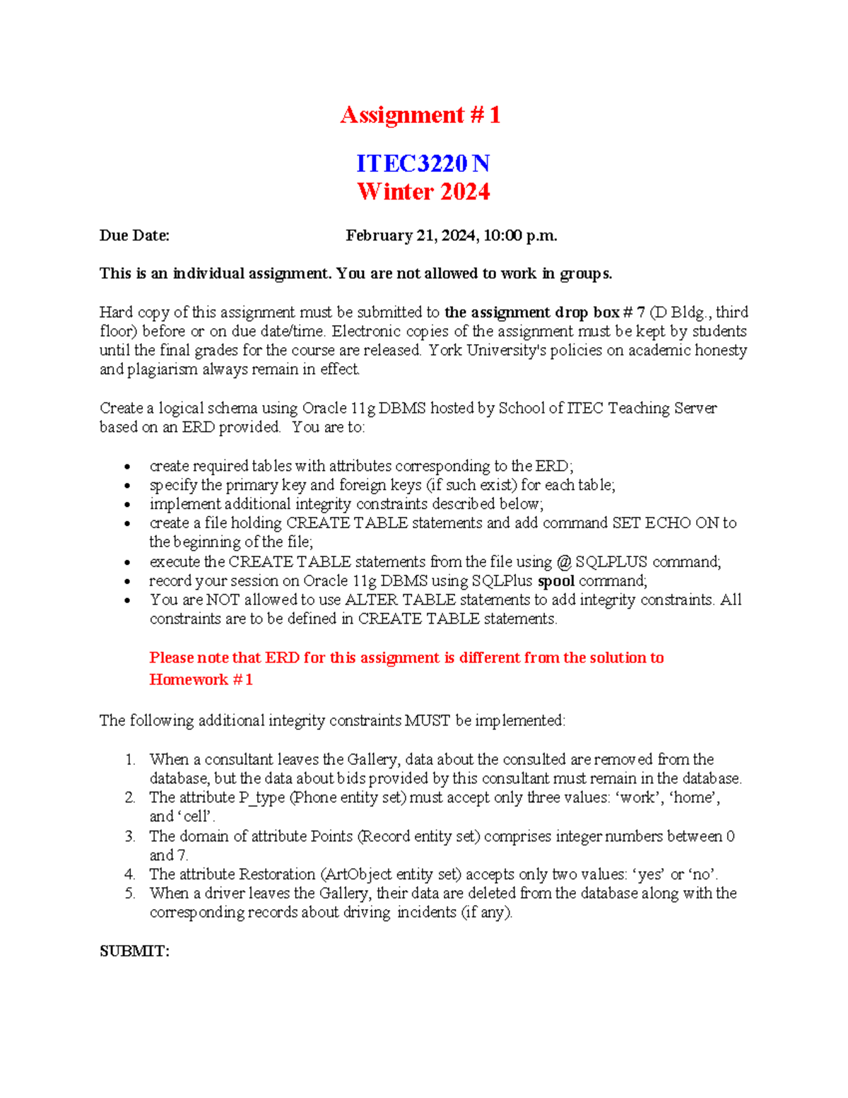 Assign 1N24 - requirement - Assignment # 1 ITEC3220 N Winter 2024 Due Date: February 21, 2024 ...