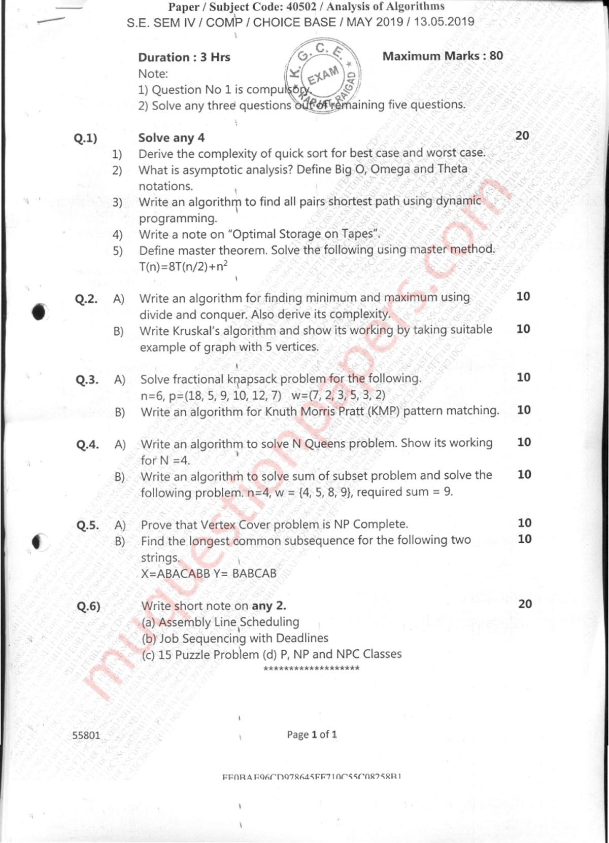 Se Comps Sem4 Aoa Cbcgs May19 Paper Subject Code 40502 Analysis Of Algorithms S Sem Iv Comp