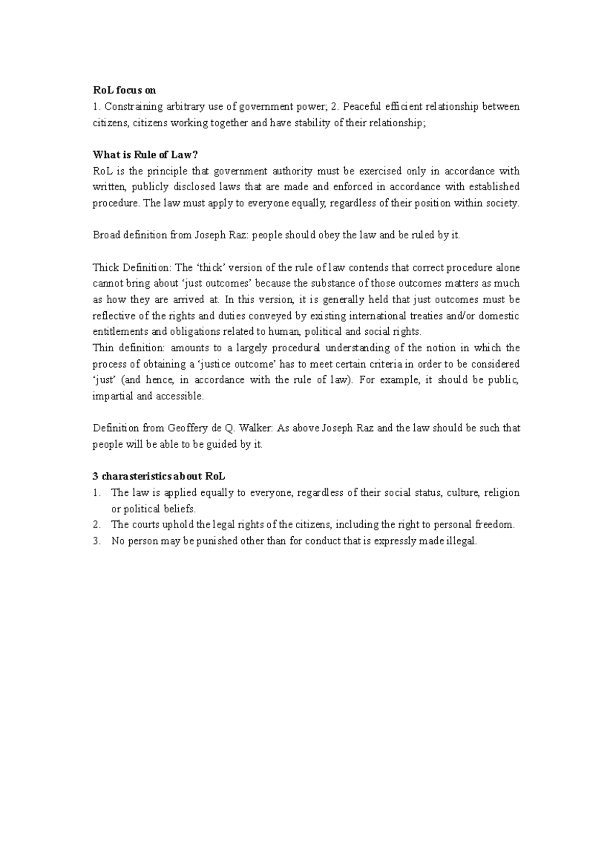 LLB104 week3 Rule of law notes - RoL focus on Constraining arbitrary ...
