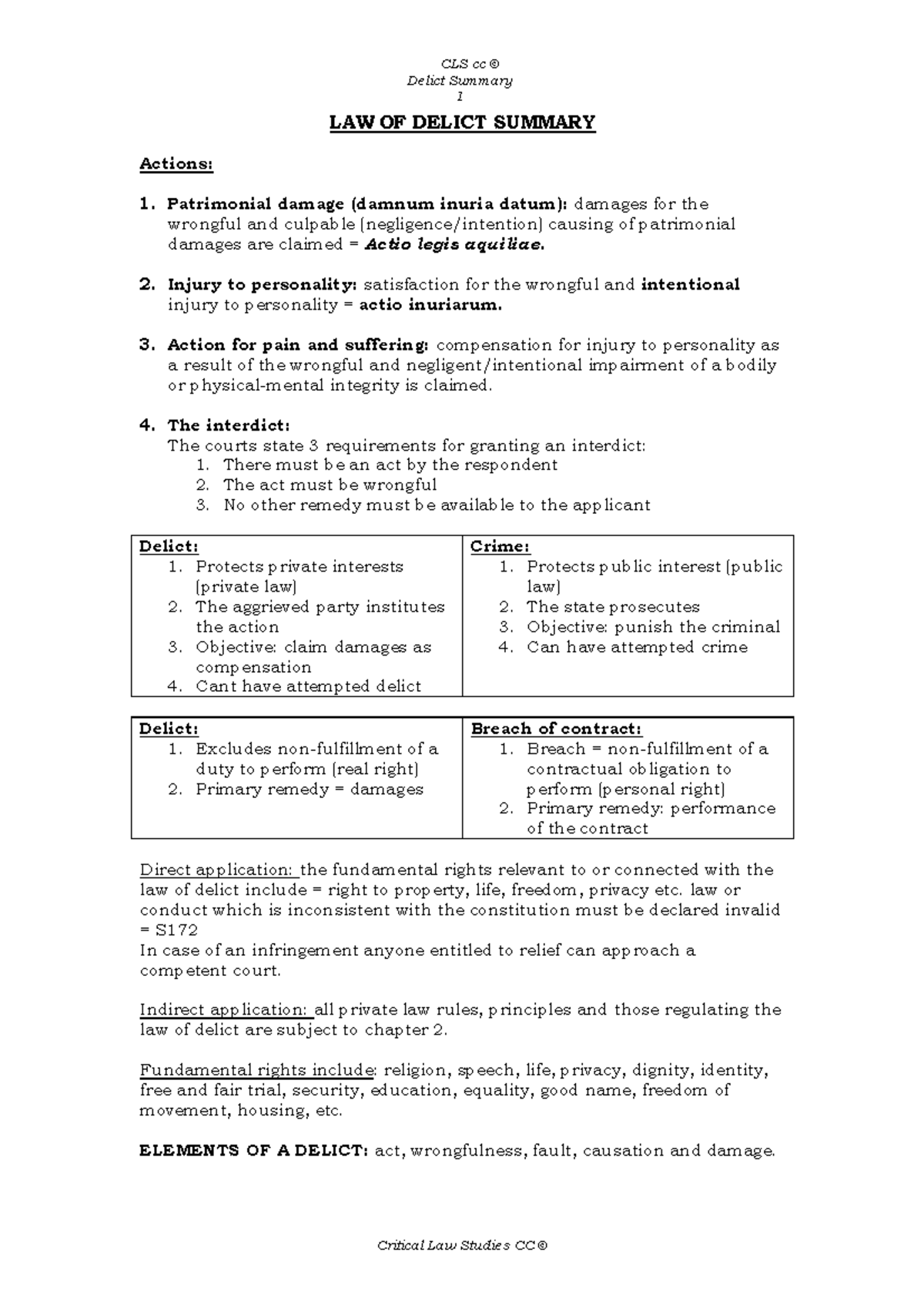 Delict Summary NEWCausation (Law of Delict) gives an in depth summary ...