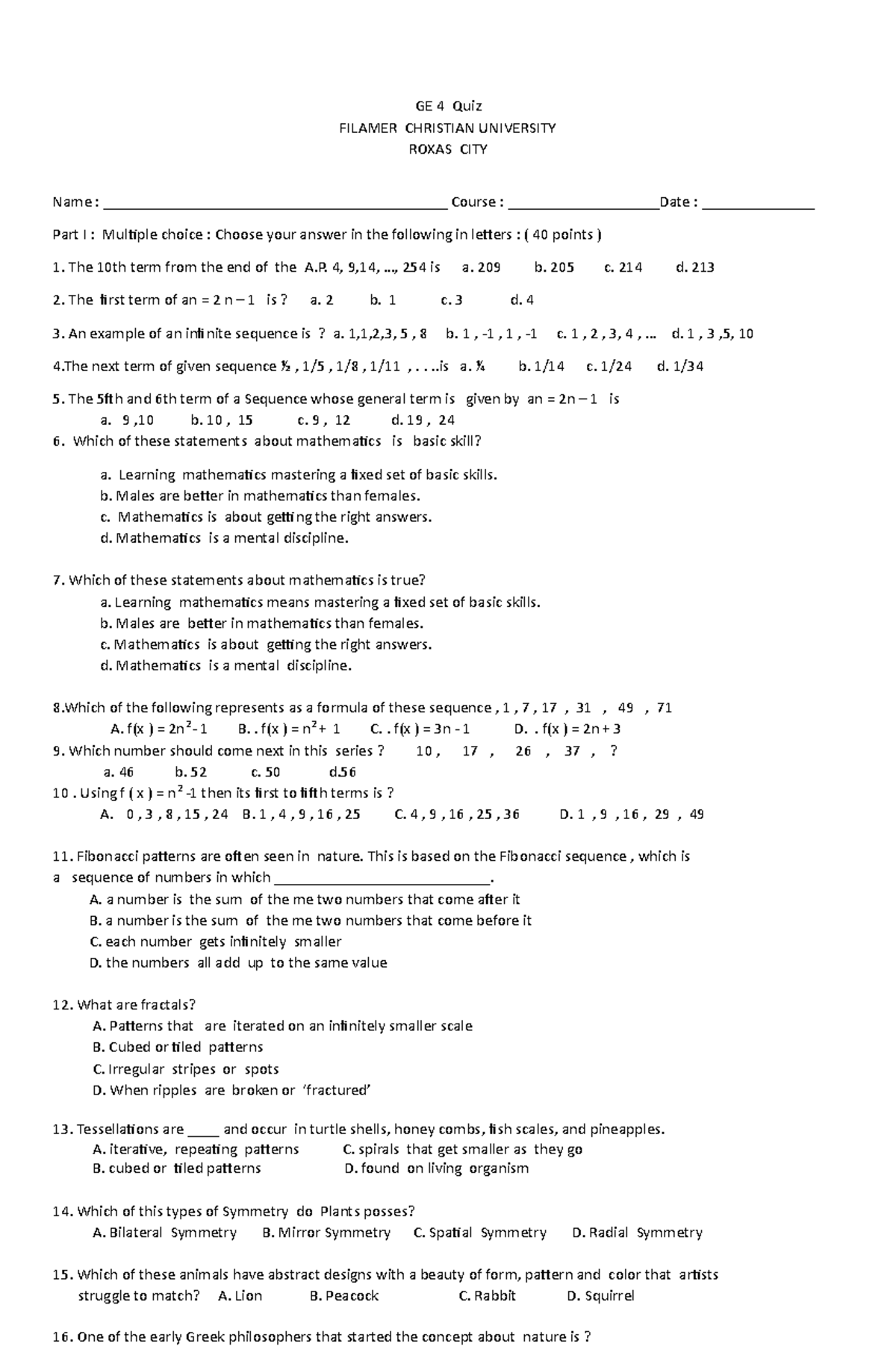 GE-4-Quiz-BSN - Math - GE 4 Quiz FILAMER CHRISTIAN UNIVERSITY ROXAS ...