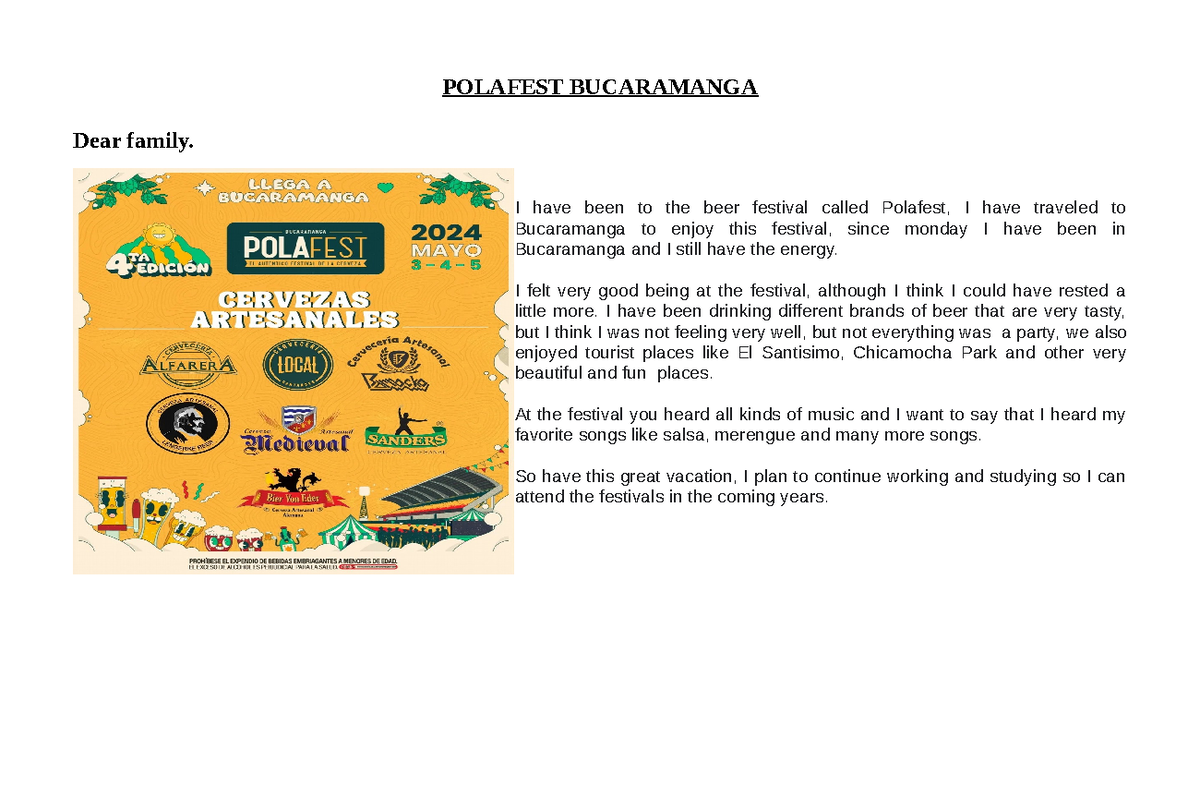 Activity 5 - ACTIVIDAD 5 - POLAFEST BUCARAMANGA Dear family. I have been to the beer festival ...