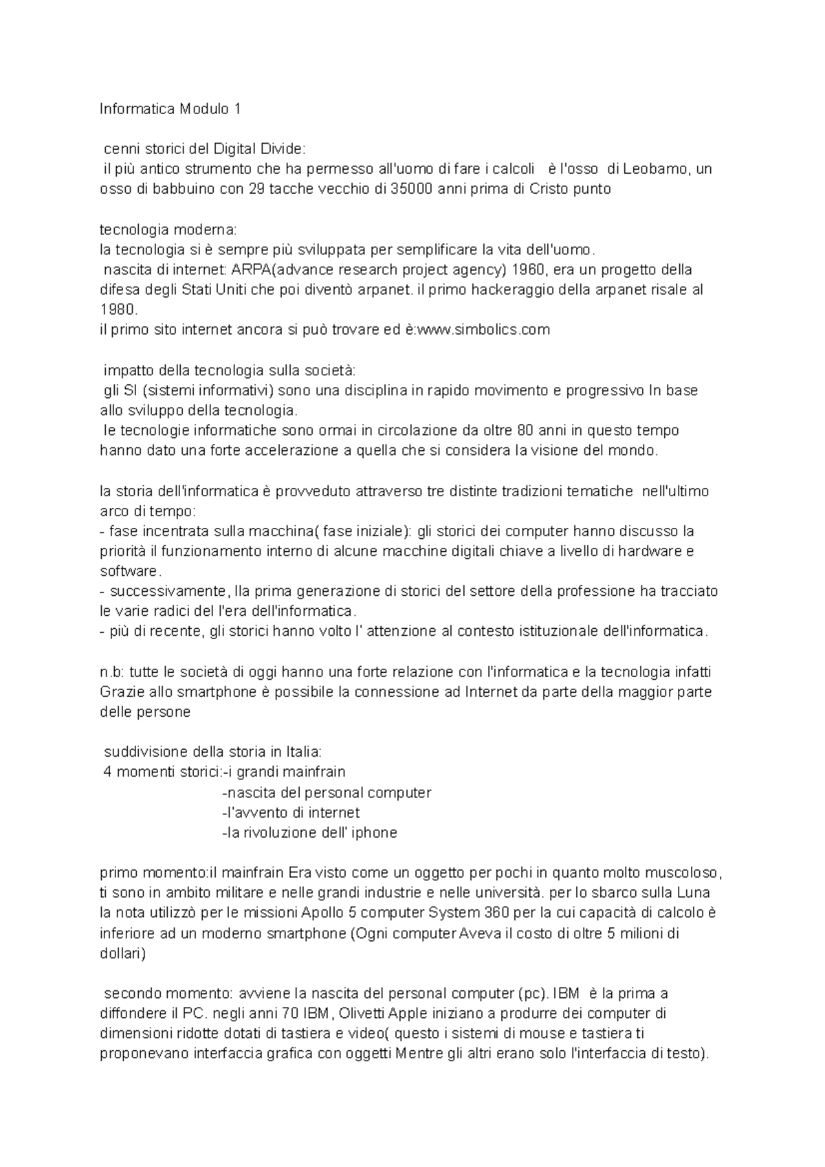 riassunto modulo 1 informatica - Informatica Modulo 1 cenni storici del Digital Divide: il più ...