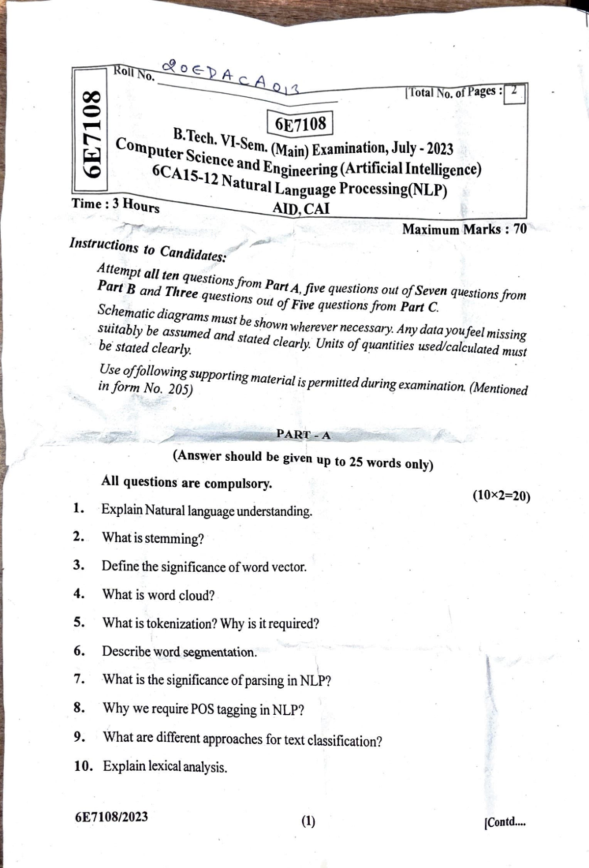 NLP paper rtu 2023 - ~10s] C B. VI-Sem (ll • ) Examination, July- 2023 ...