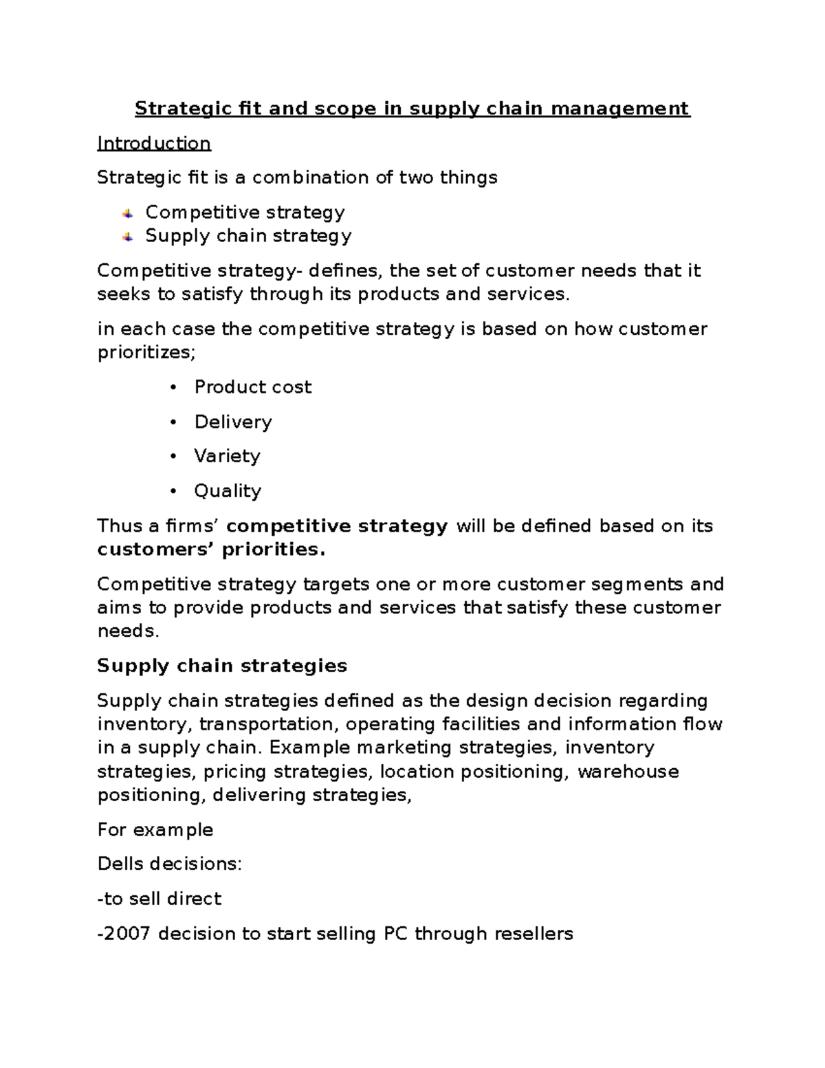 Supply strategies - notes - Strategic fit and scope in supply chain ...