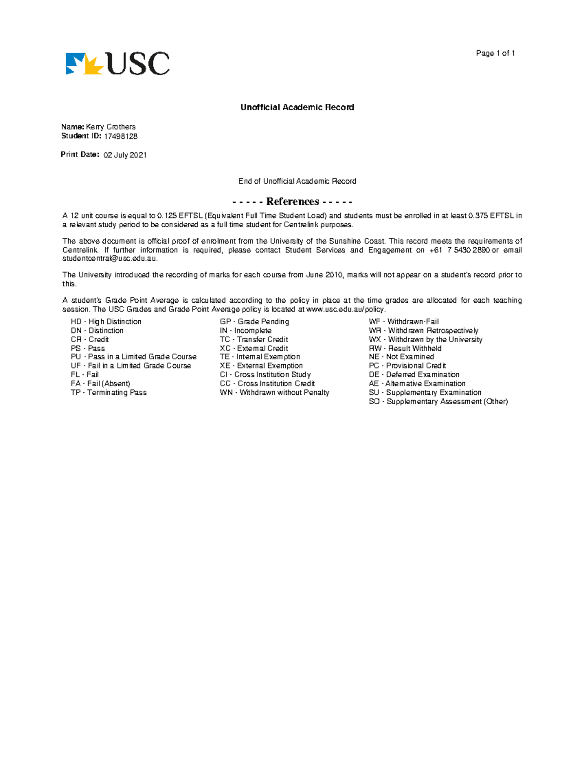 USC - enrolment - Page 1 of 1 Unofficial Academic Record Name: Dean ...