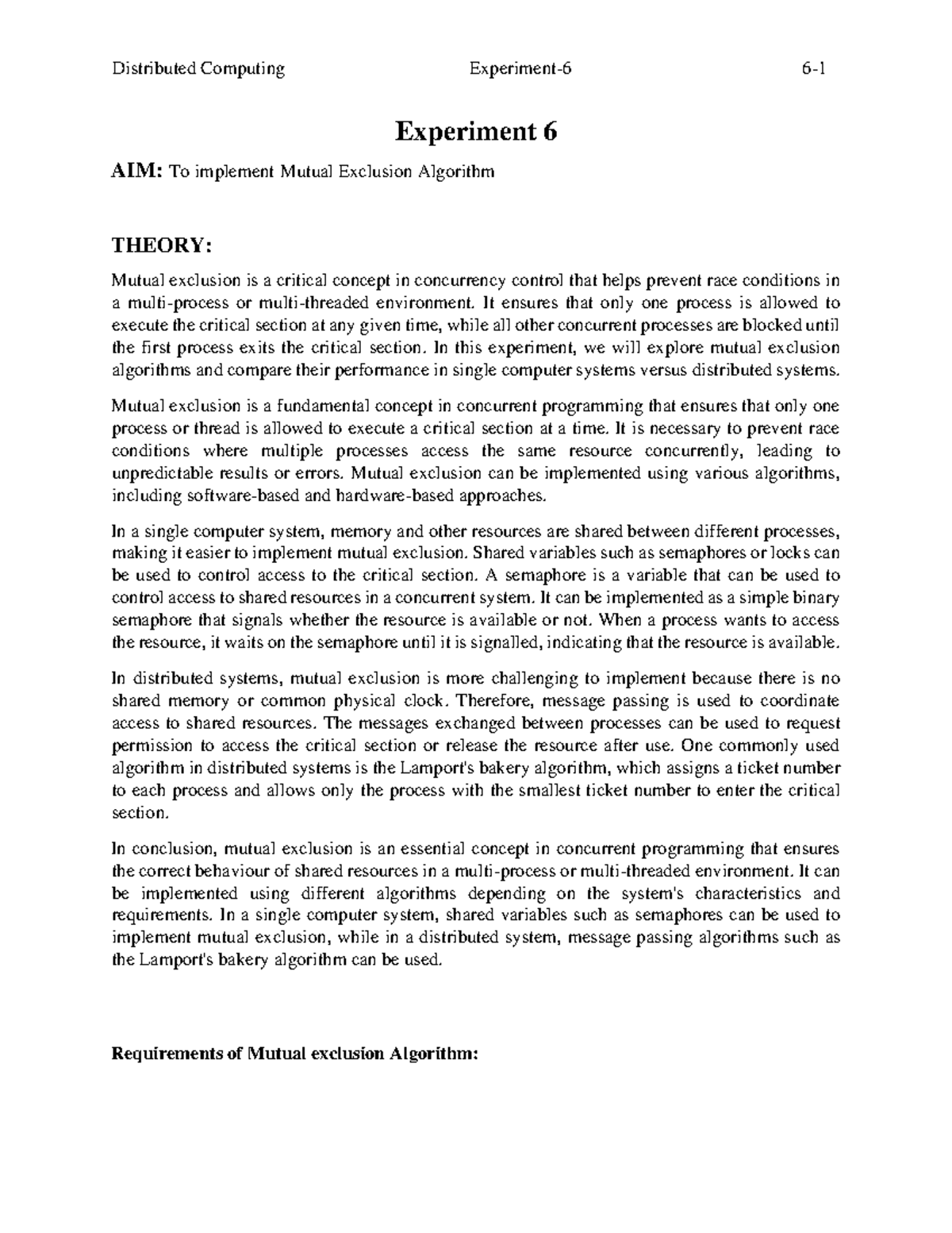 Exp 6-1 - detailed noted. - Experiment 6 AIM: To implement Mutual Exclusion Algorithm THEORY ...