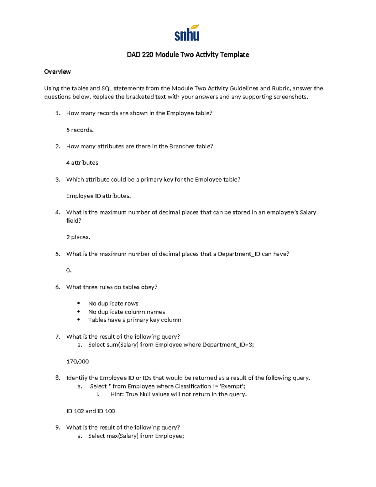 DAD 220 Module Two Activity Template - DAD 220 Module Two Activity Template Overview Using the ...