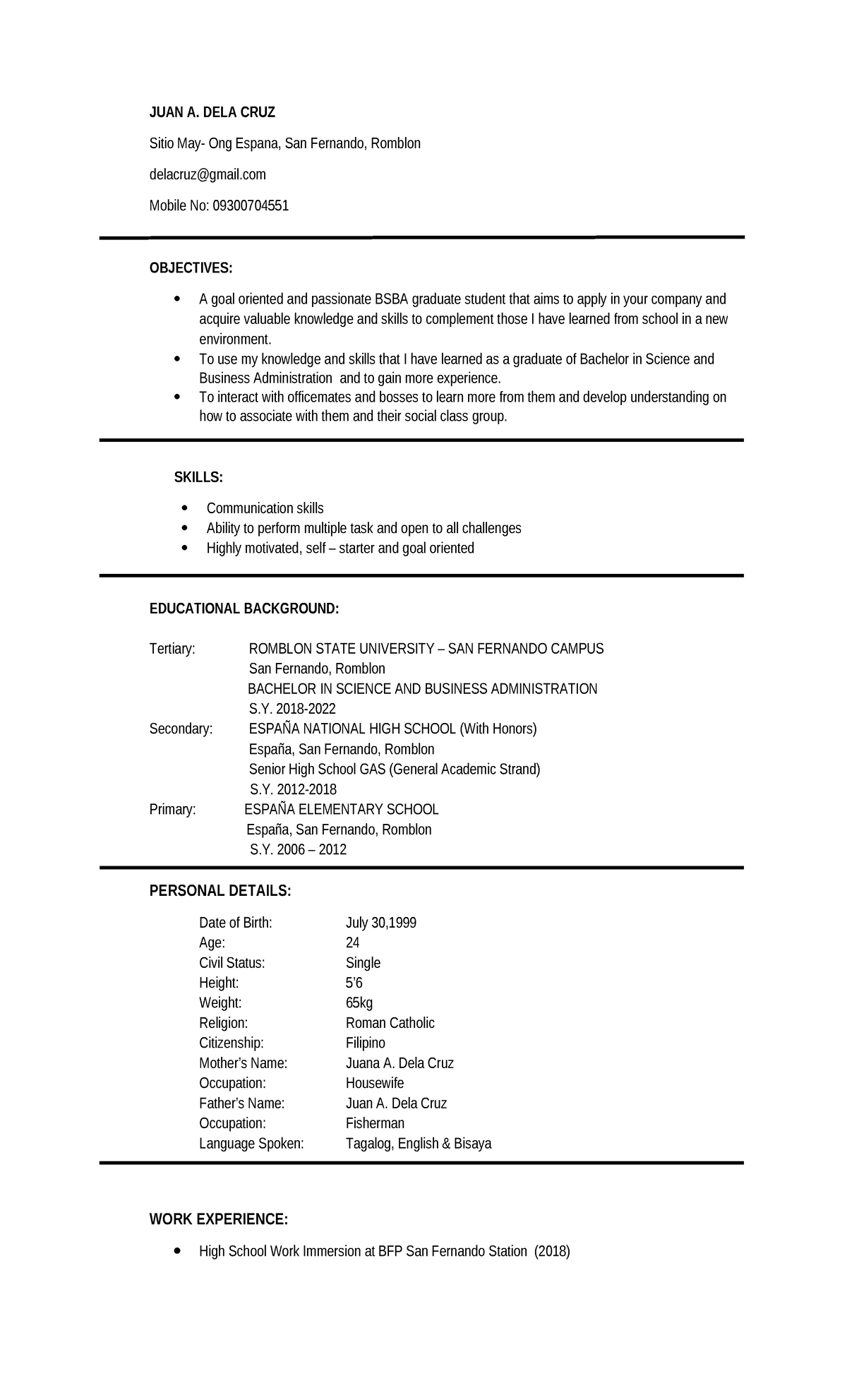 Sample- Resume - JUAN A. DELA CRUZ Sitio May- Ong Espana, San Fernando ...