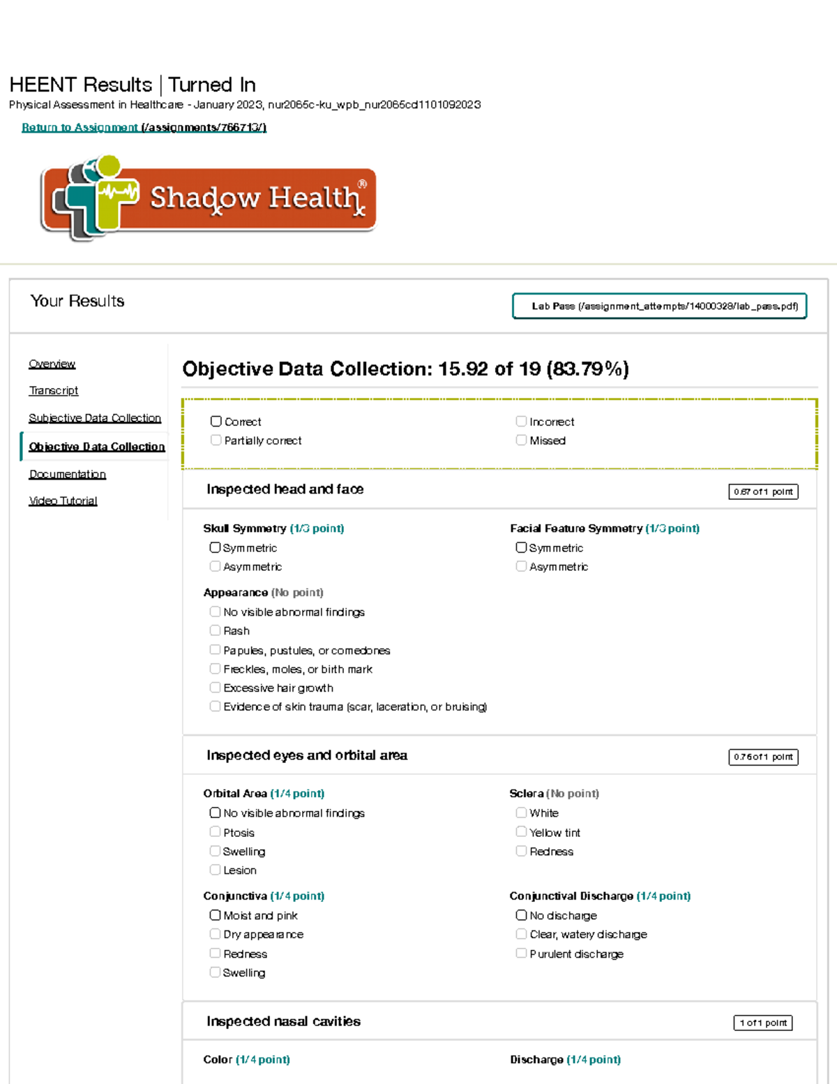 Heent Objective - Shadow Health TJ - HEENT Results | Turned In Physical ...