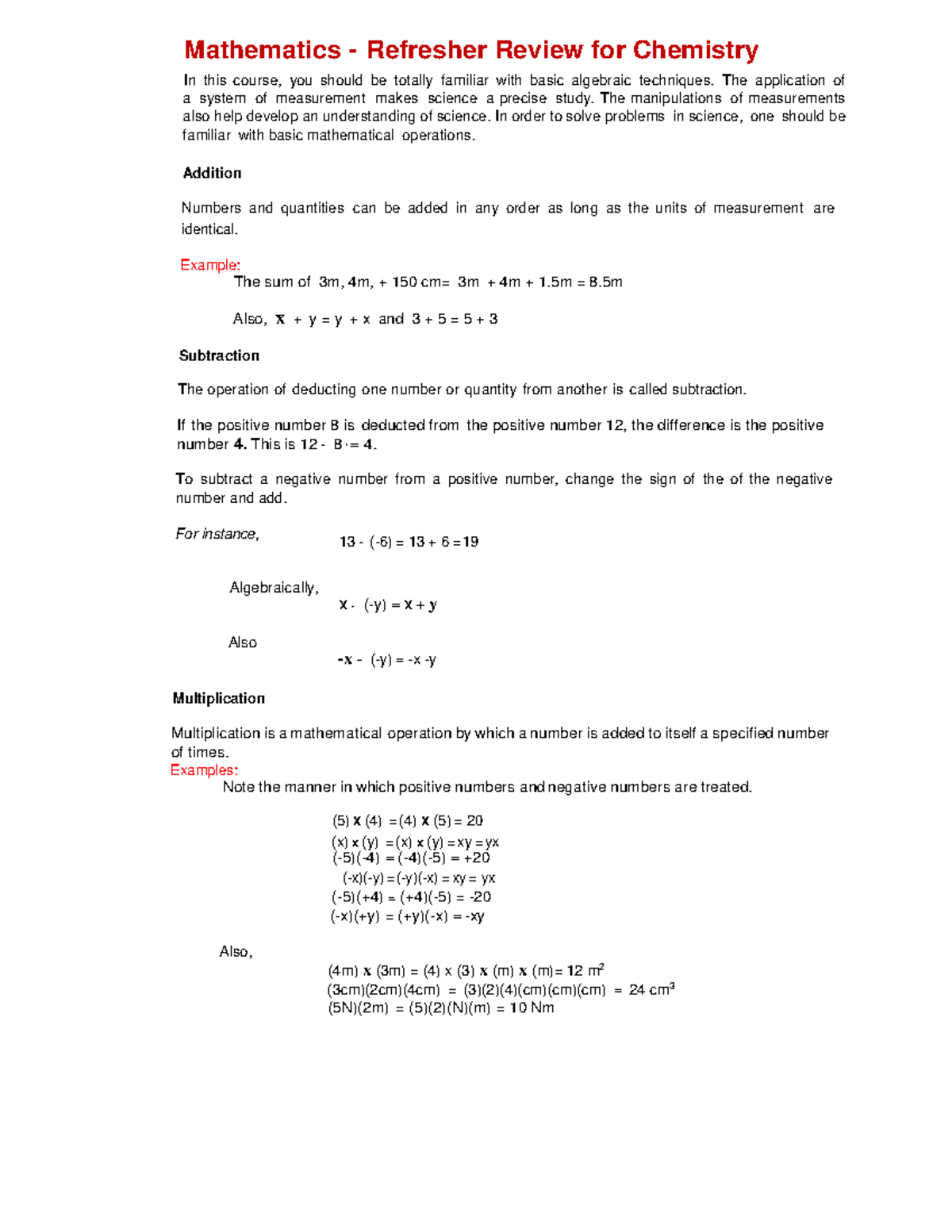 Mathematics Refresher Review for Chemistry - Mathematics - Refresher ...