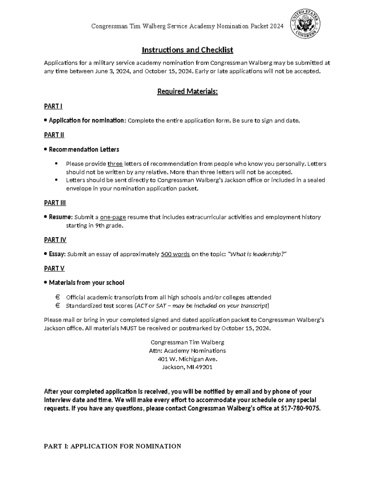 2024 Service Academy Nomination Application Printable 0 - Congressman ...