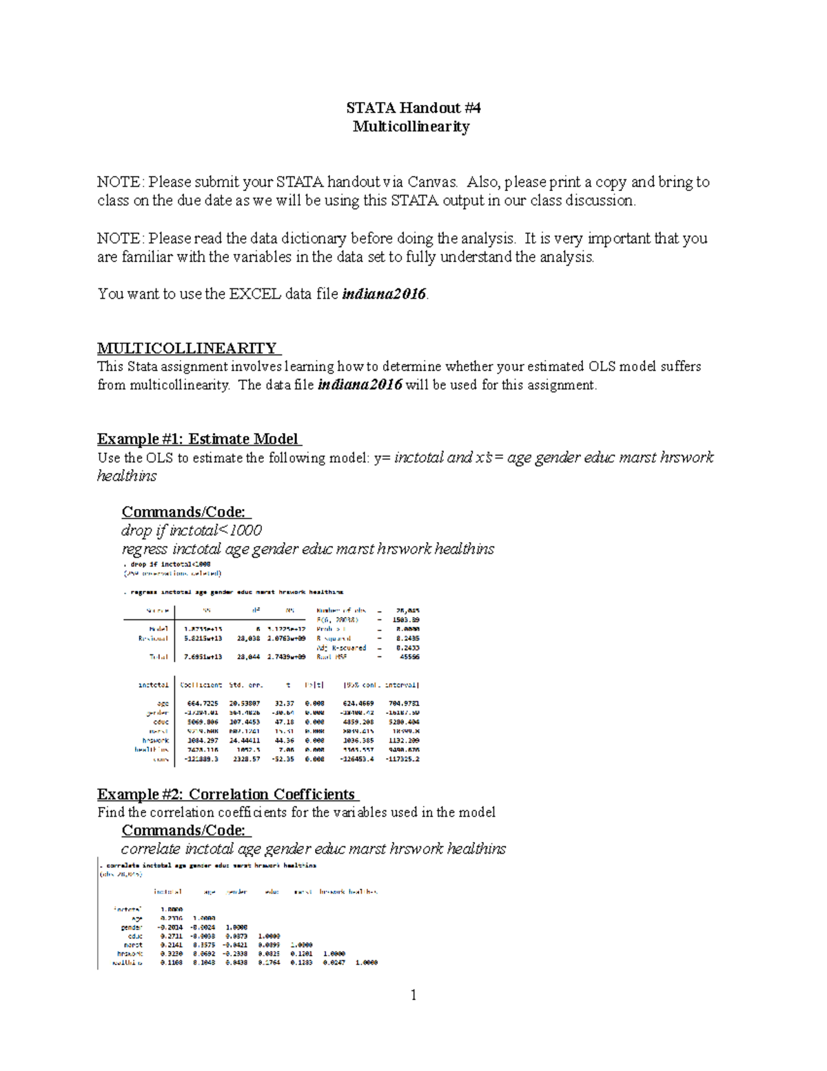 Stata Handout 4 Stata Handout Multicollinearity Note Please Submit Your Stata Handout Via