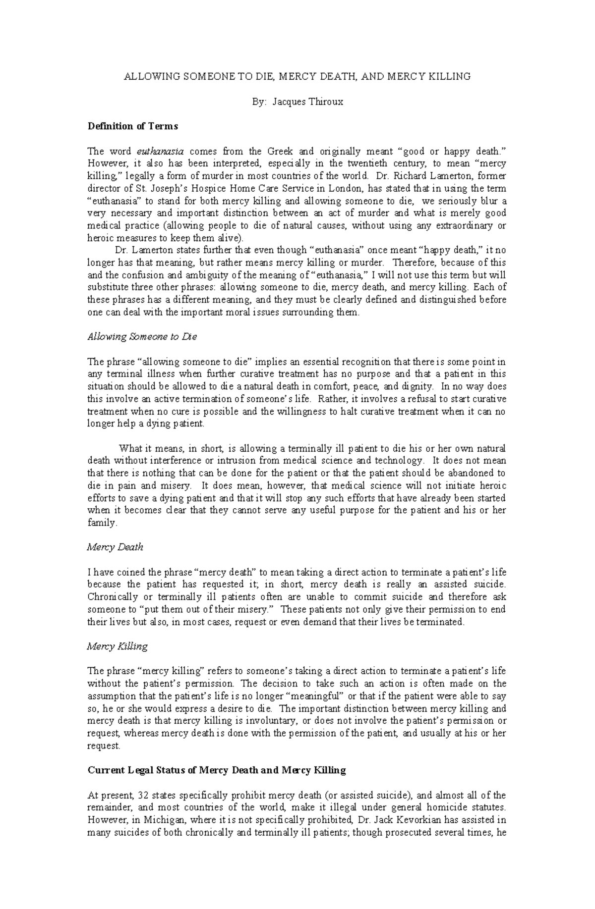 Allowing Someone to Die - ALLOWING SOMEONE TO DIE, MERCY DEATH, AND ...