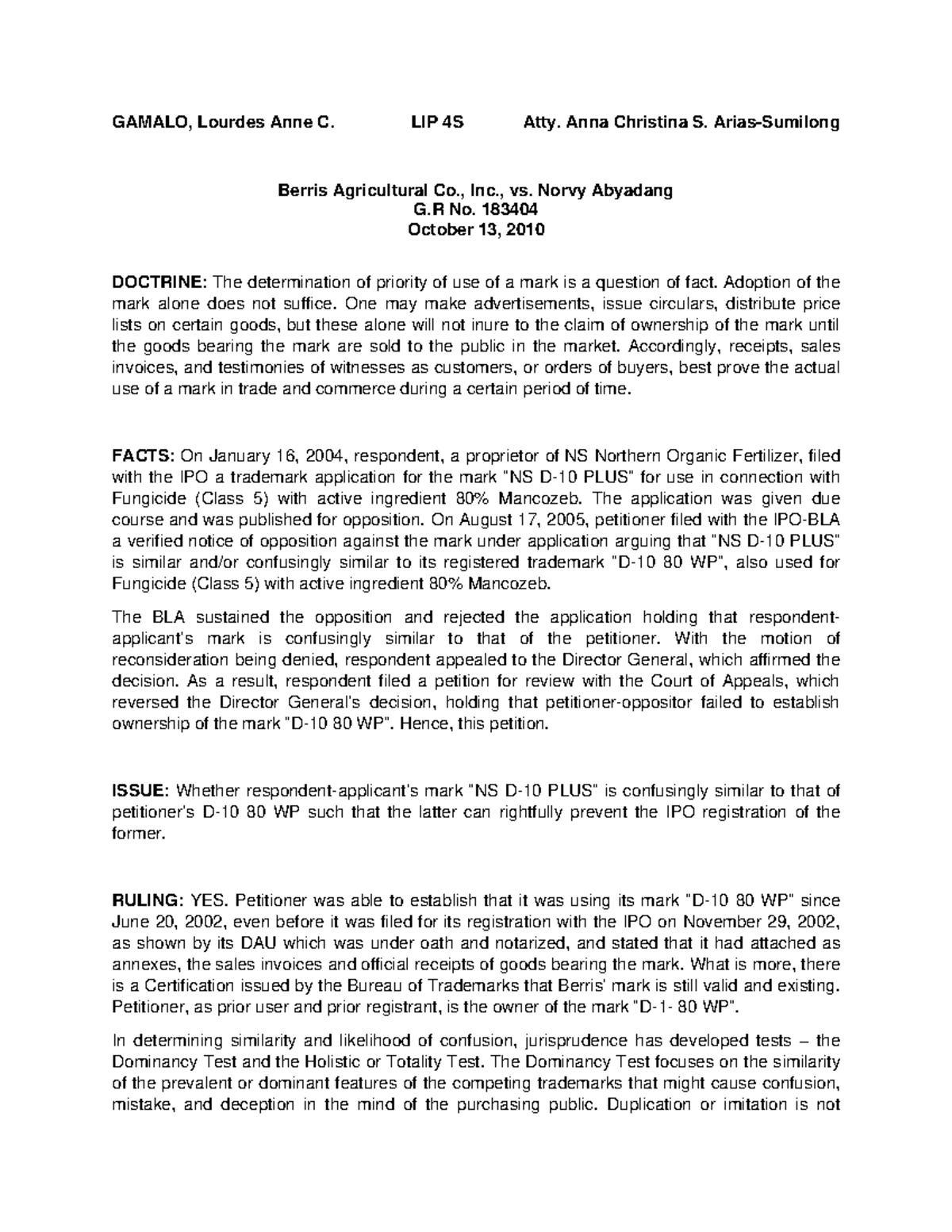 LIP Case Digest - GAMALO, Lourdes Anne C. LIP 4S Atty. Anna Christina S. Arias-Sumilong Berris ...