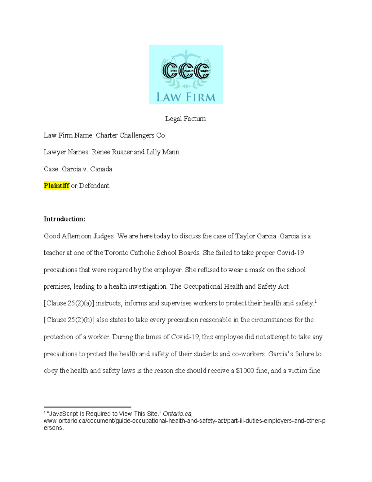 Arguments Before the Court - Legal Factum Law Firm Name: Charter ...