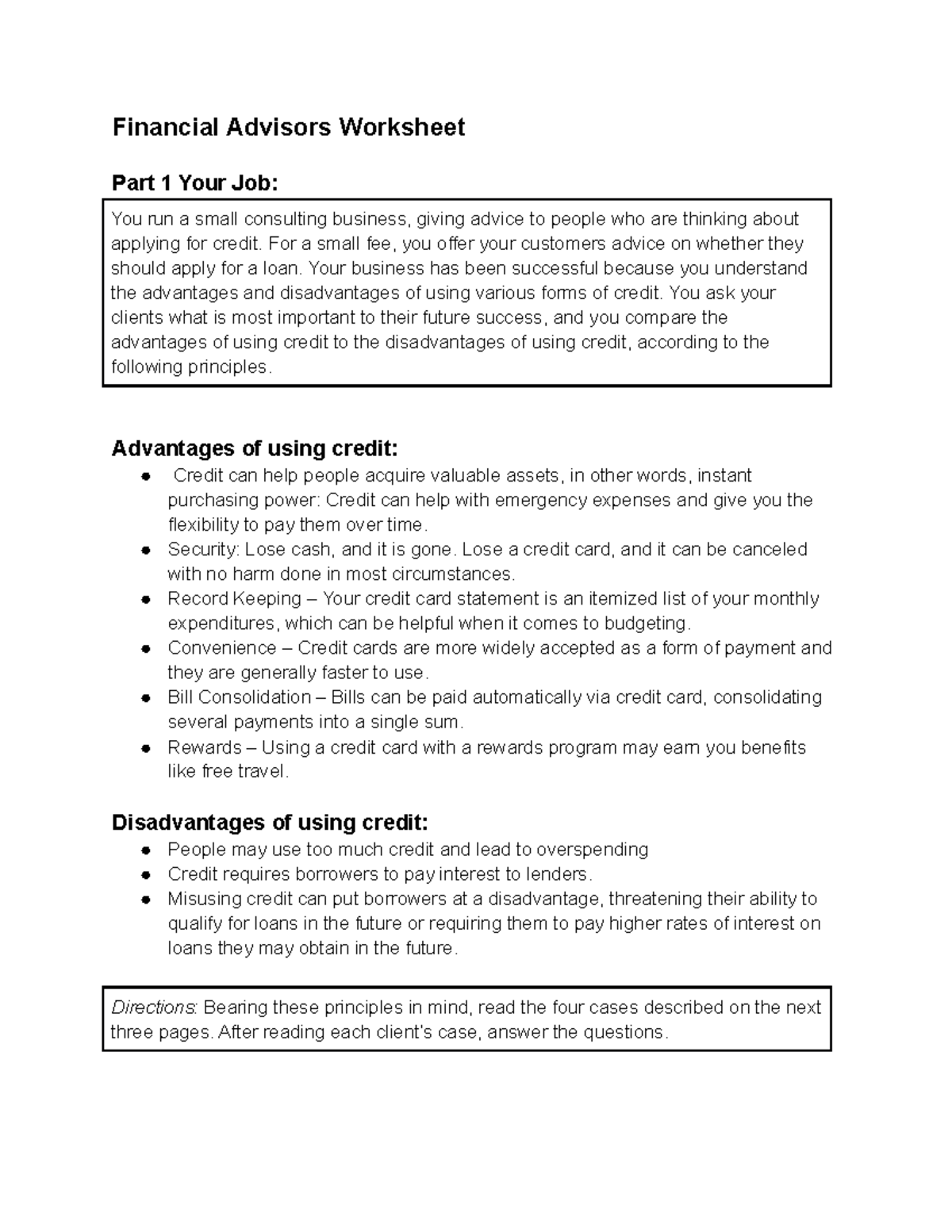 Financial Advisors Wrk Sht - Financial Advisors Worksheet Part 1 Your ...