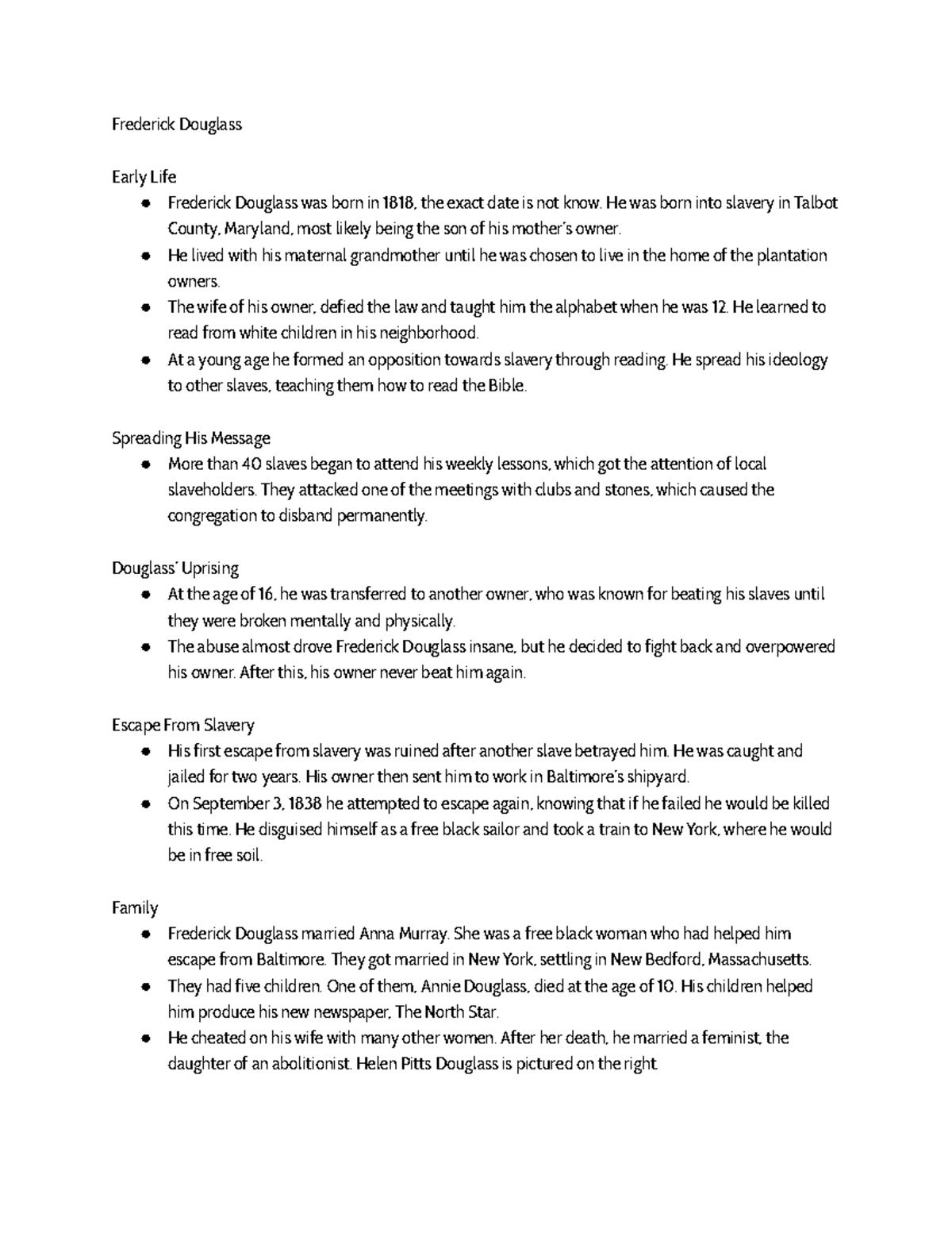 Frederick Douglass Notes - Frederick Douglass Early Life Frederick ...