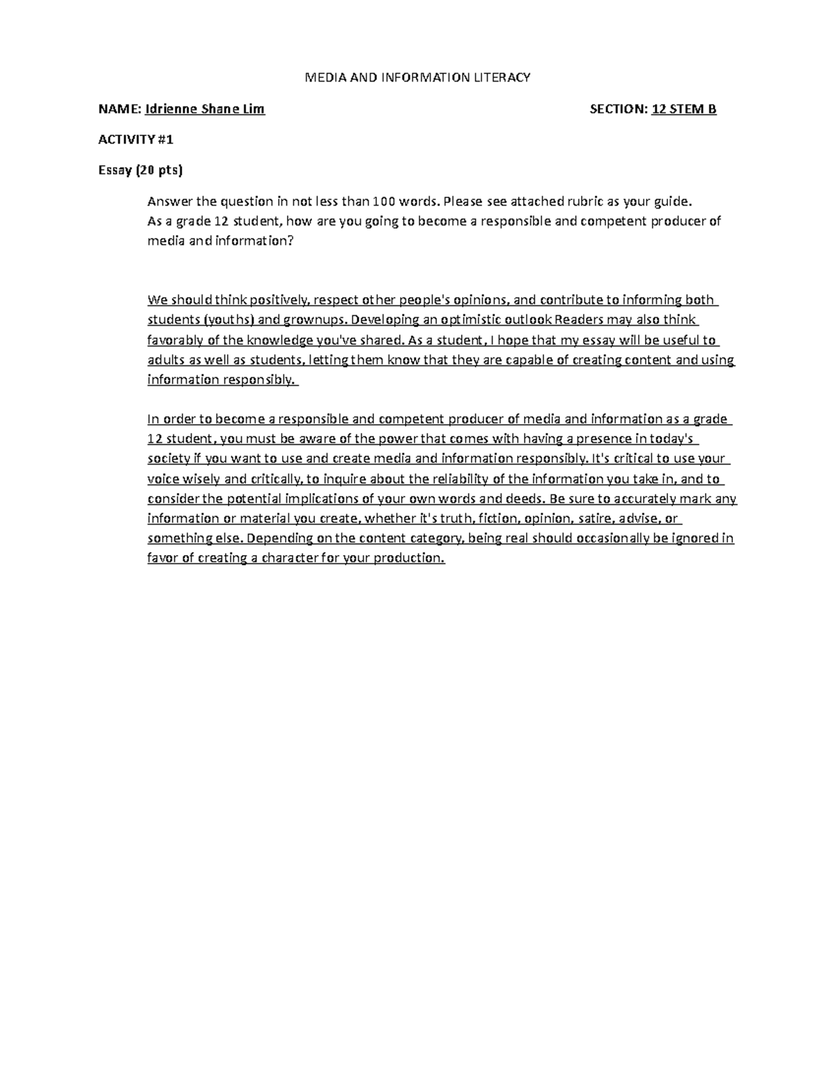 LIM, MIL activity no.1 3 - MEDIA AND INFORMATION LITERACY NAME ...