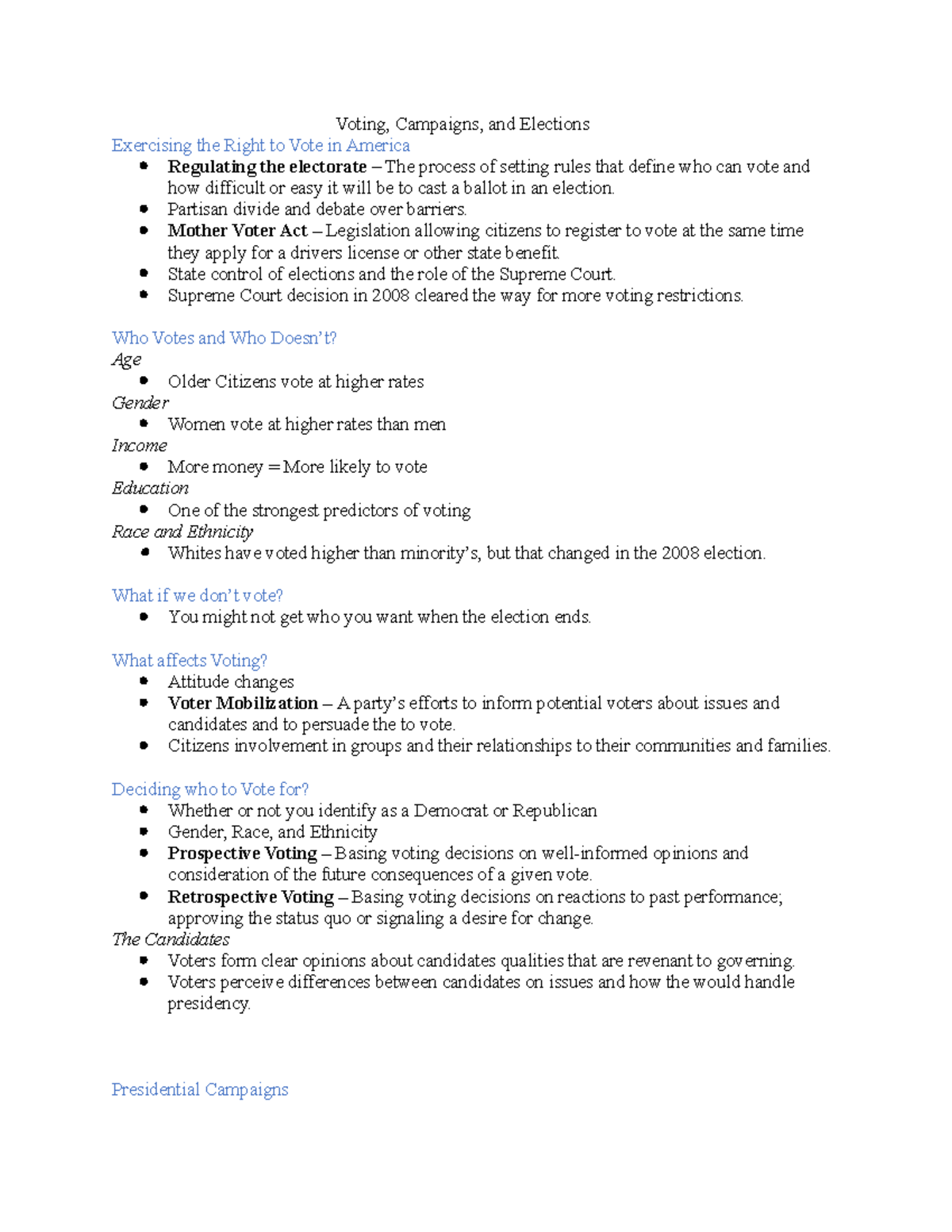 Ch 12 Notes copy - Voting, Campaigns, and Elections Exercising the ...