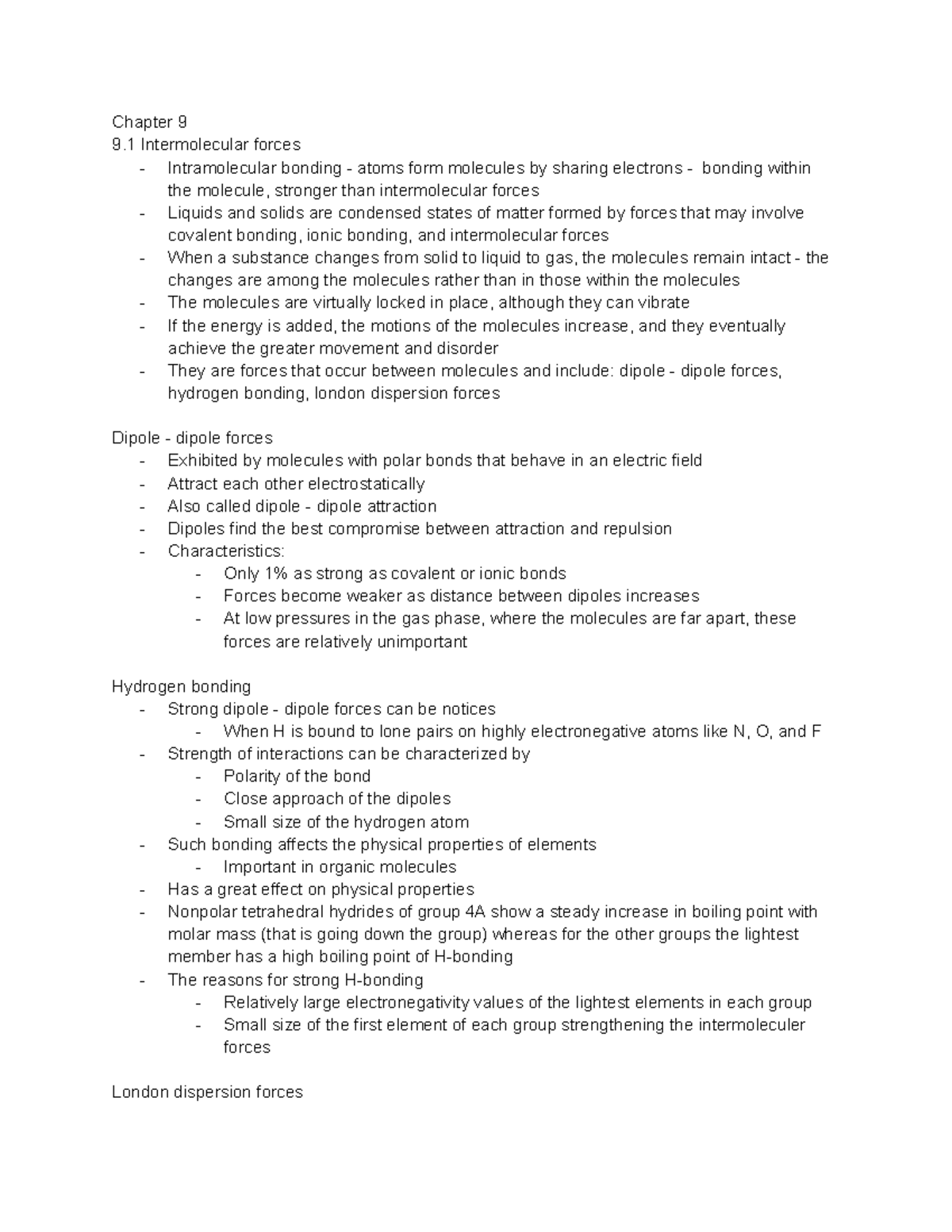 CHEM 1125 ch 9 notes - Chapter 9 9 Intermolecular forces ...