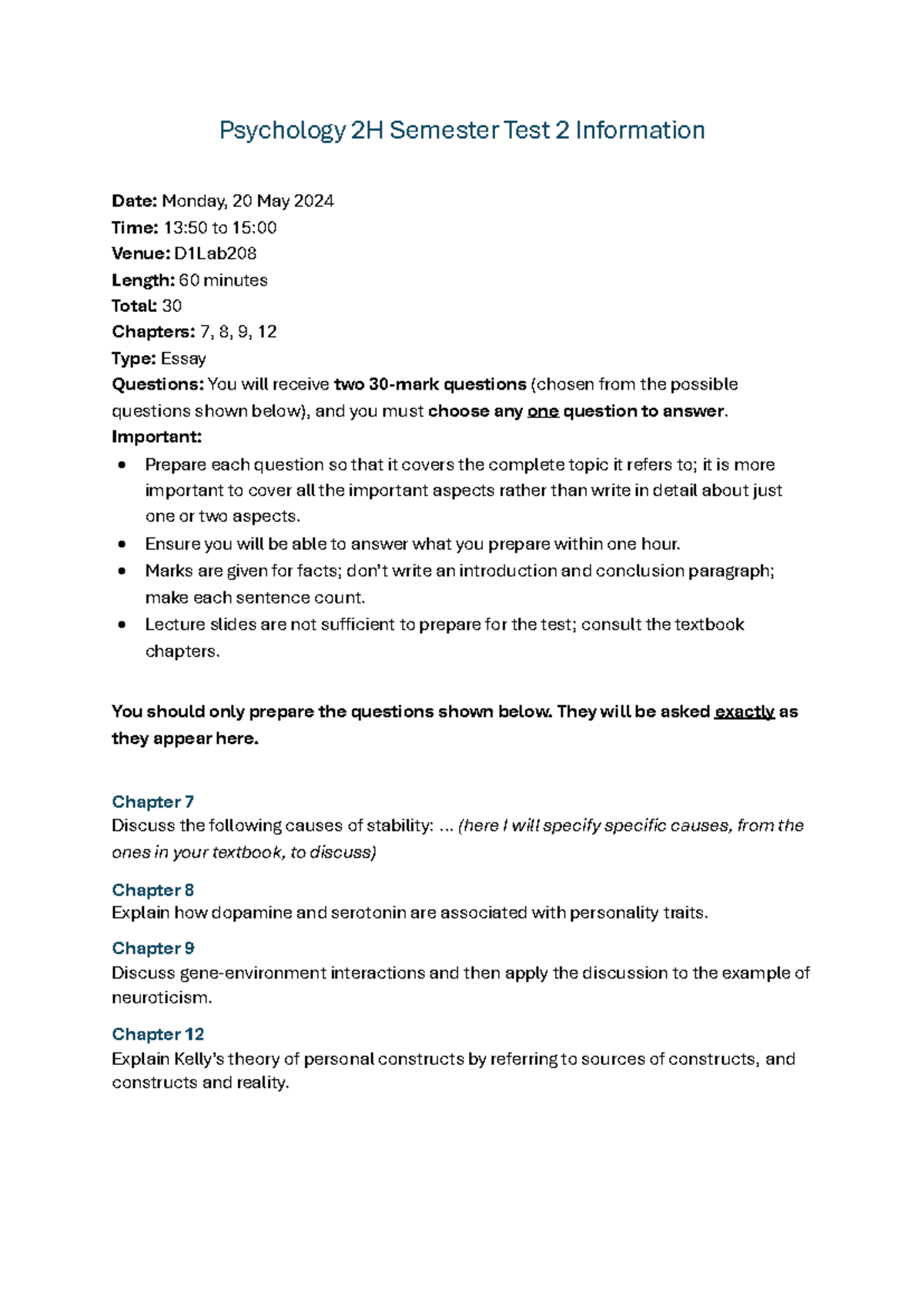 Test 2 Info - SCOPE FOR TEST 2 - Psychology 2H Semester Test 2 ...