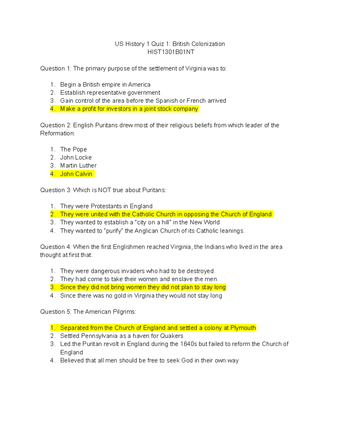 Quiz 1 British Colonization - US History 1 Quiz 1: British Colonization ...