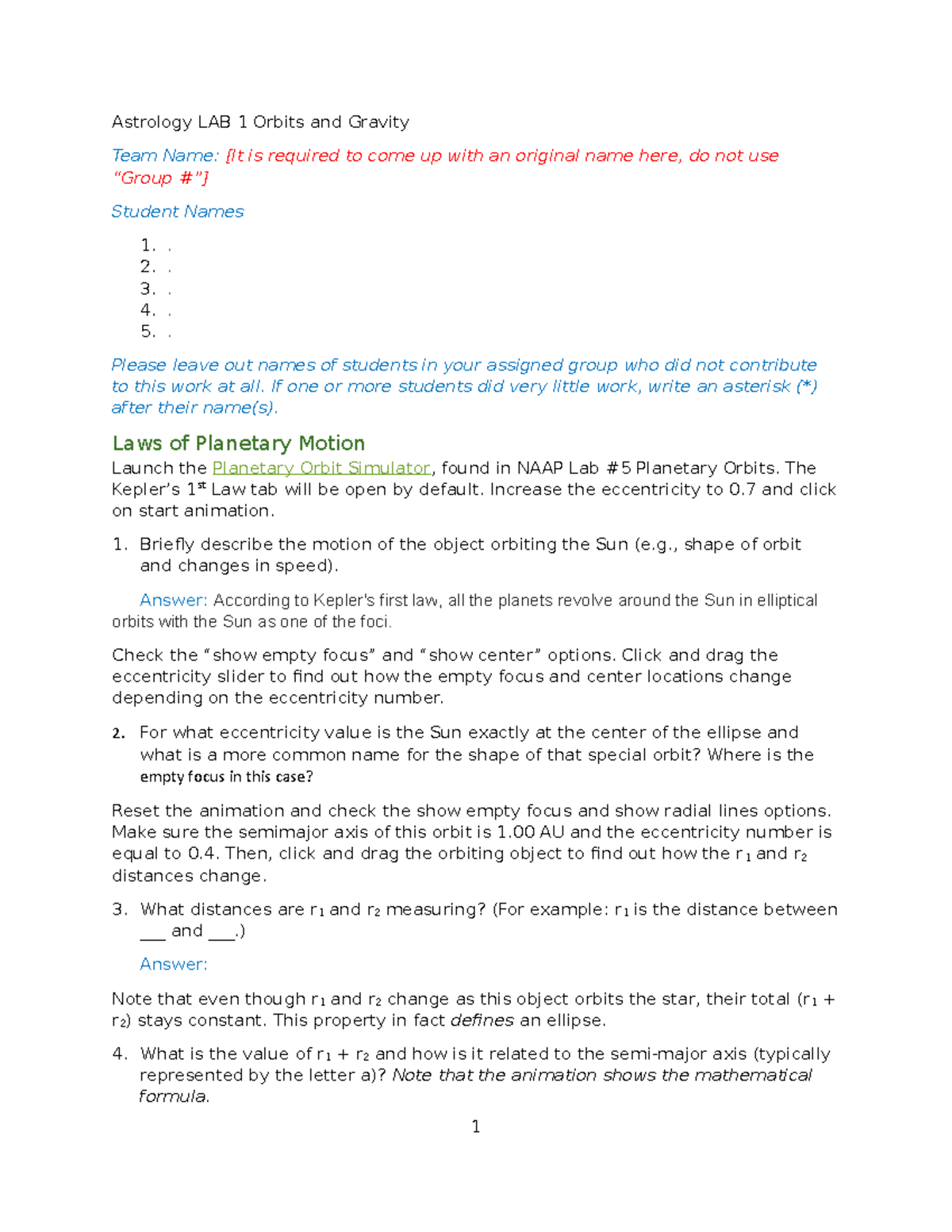 Astronomy Lab 1- Orbits and Gravity - Astrology LAB 1 Orbits and ...