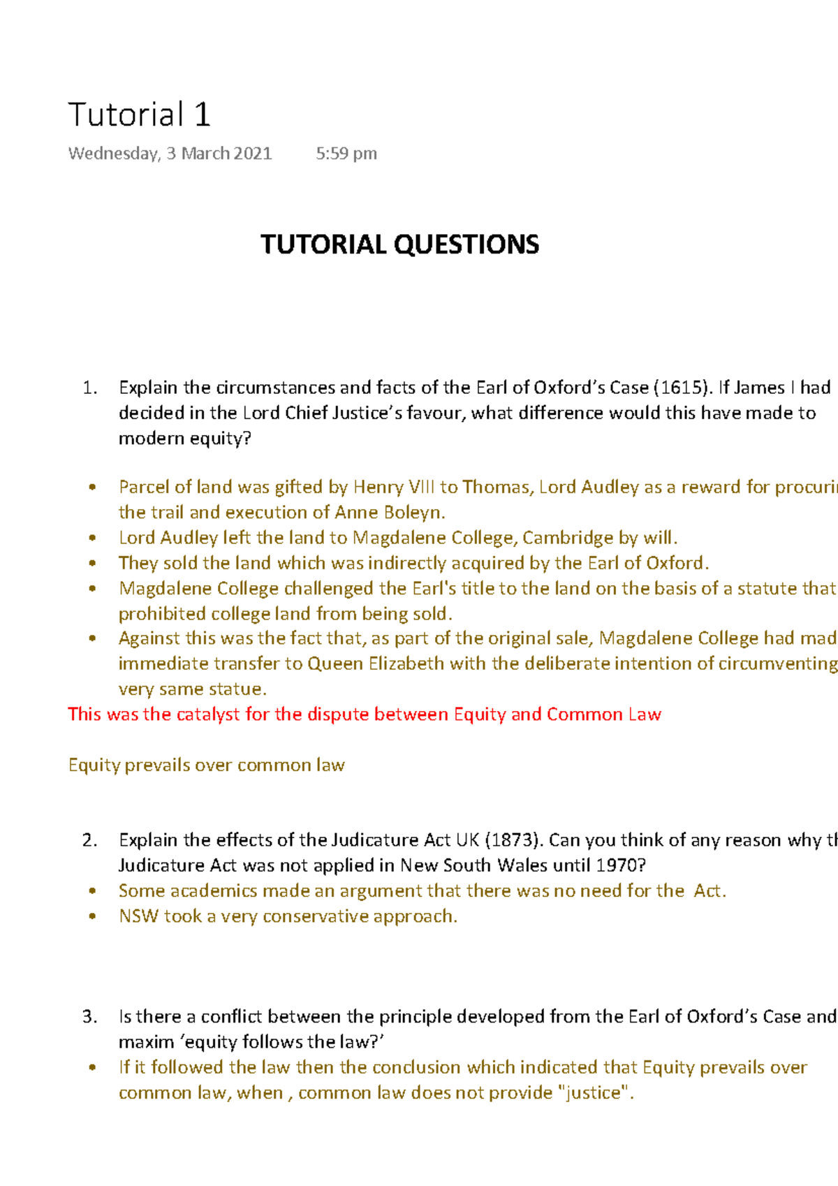 Tutorial 1 for equity & Trust - TUTORIAL QUESTIONS Explain the ...
