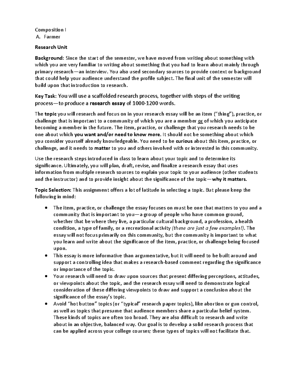 Research Unit-Essay Prompt - Composition I A. Farmer Research Unit ...