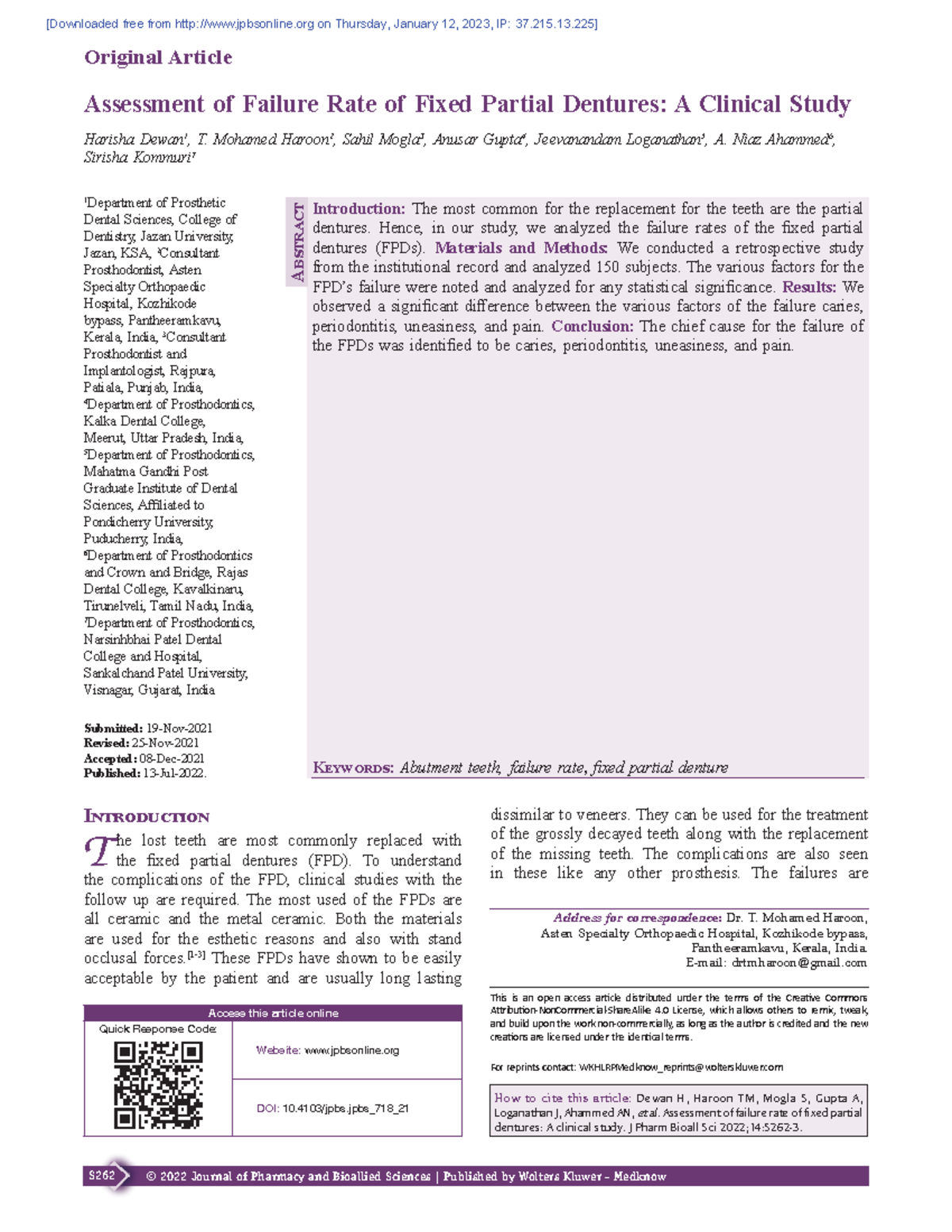Assessment of failure rate of fixed partial dentur - S262 © 2022 ...