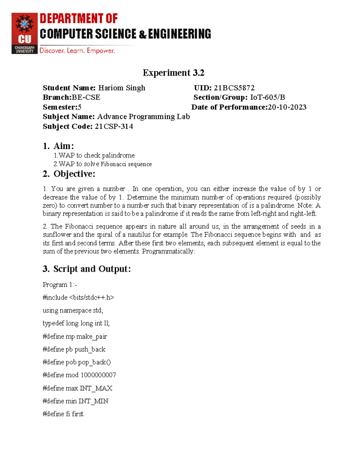H3.2 ap - shfish - COMPUTER SCIENCE & ENGINEERING Experiment 3. UID ...