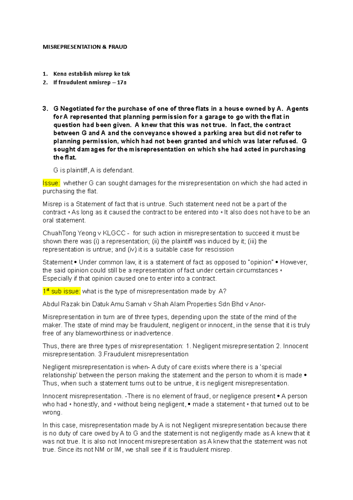 Misrepresentation tutorial answer - MISREPRESENTATION & FRAUD 1. Kena establish misrep ke tak 2 ...