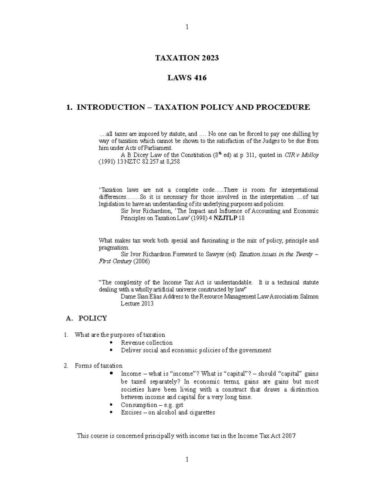 Handout 1 Tax system background - TAXATION 2023 LAWS 416 1 ...