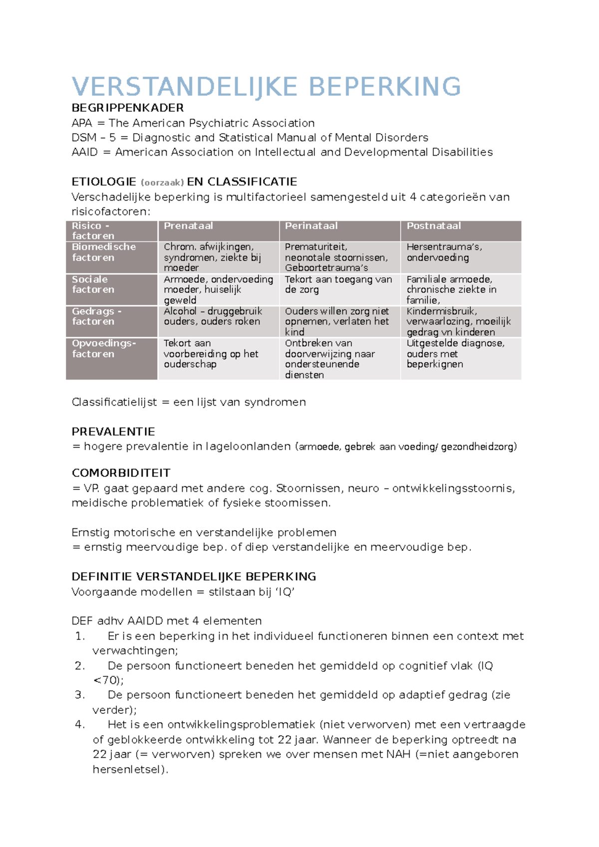 Samenvatting - Verstandelijke beperking - VERSTANDELIJKE BEPERKING BEGRIPPENKADER APA = The ...