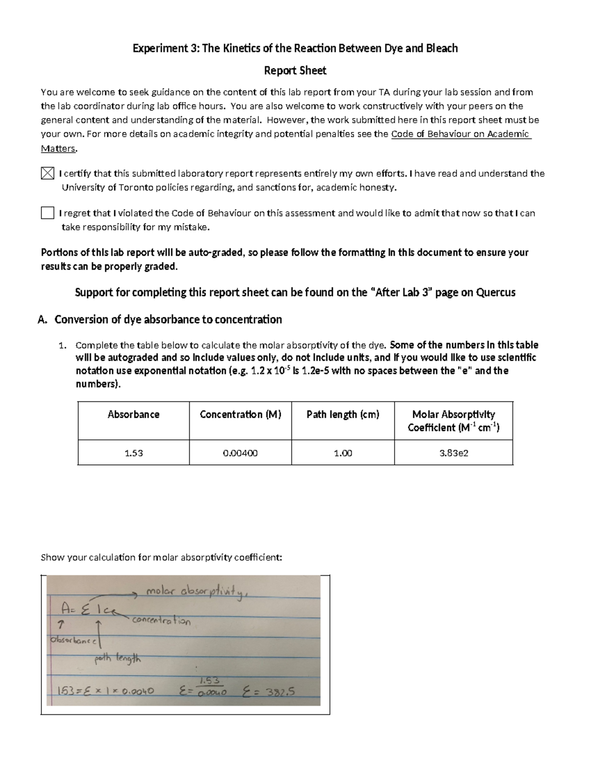 CHM135 Lab 3: Kinetics of Dye and Bleach Reaction Report - Experiment 3 ...