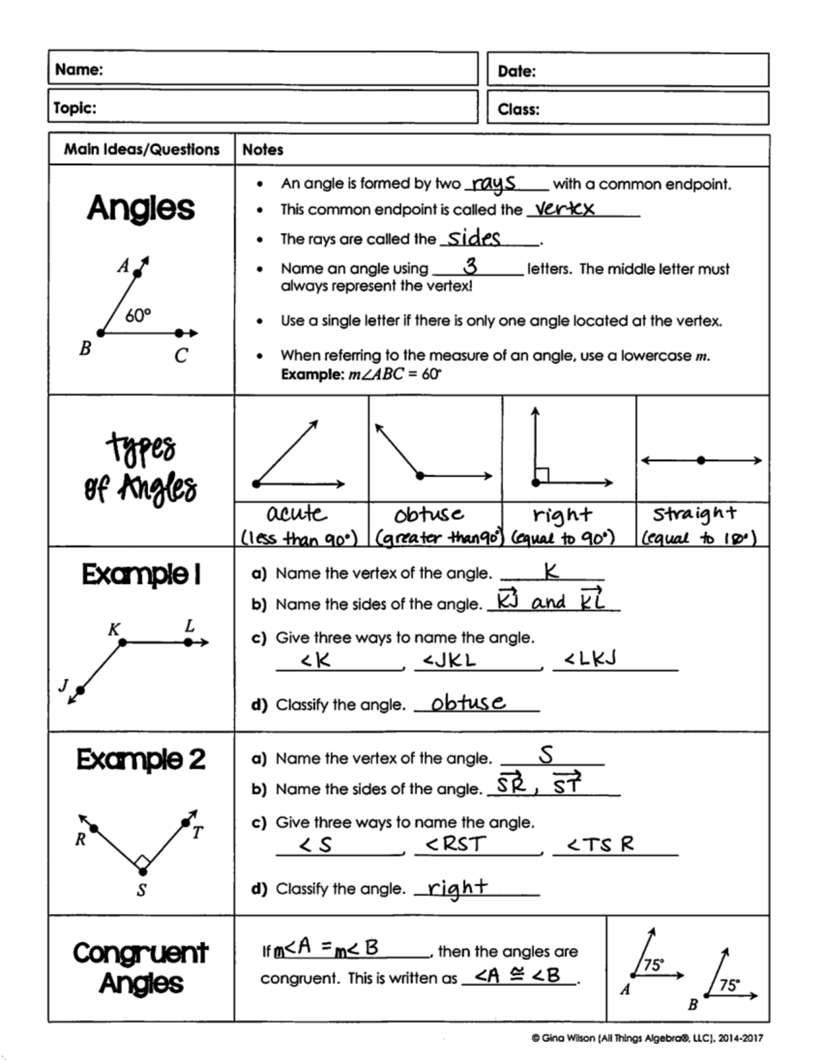 Angles - Inspiring Students - Name: Date: Topic: Class: Main Notes An ...