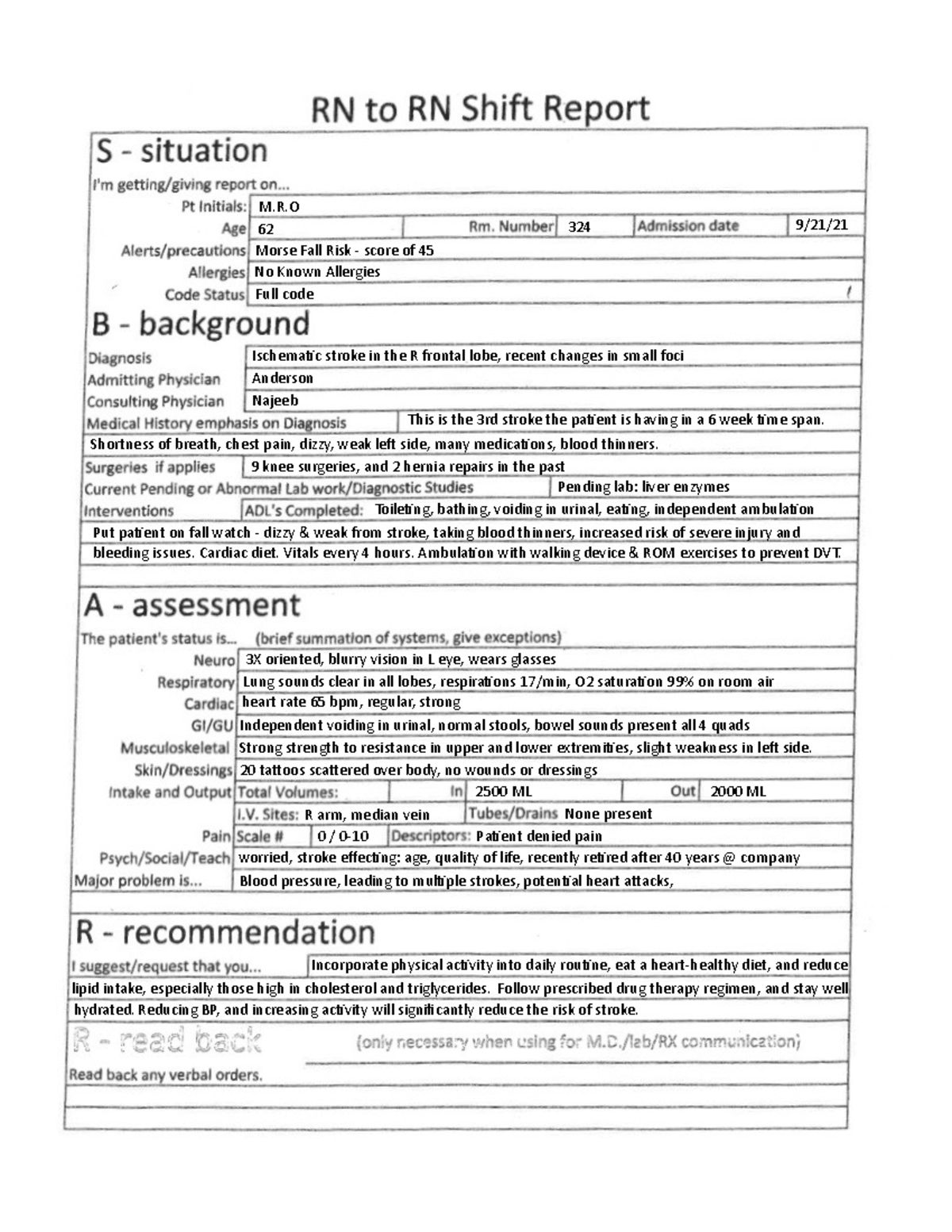 Koehler Portfolio - 7. SBAR RN Shift Report - RNSG 1161 - Studocu