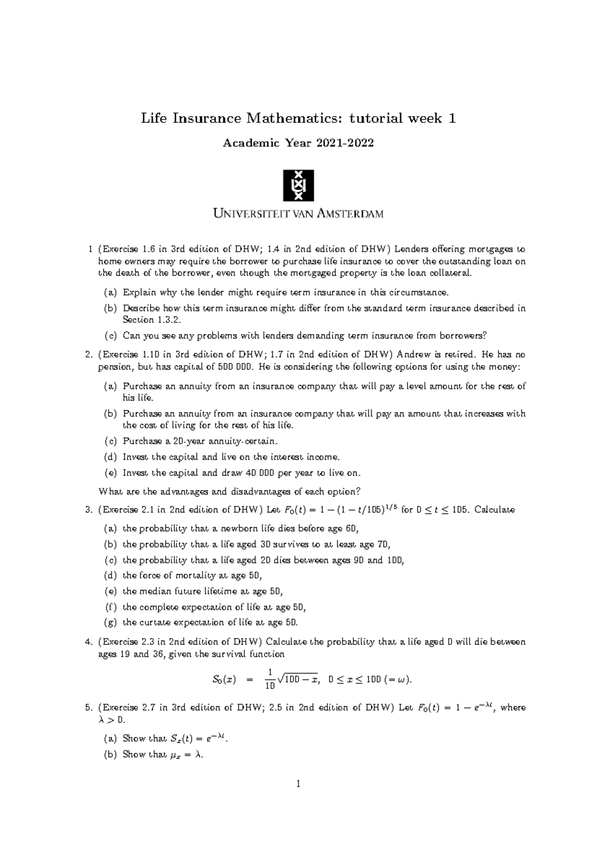 2021-09-06 Tutorial 1 Life Insurance Maths - Life Insurance Mathematics ...